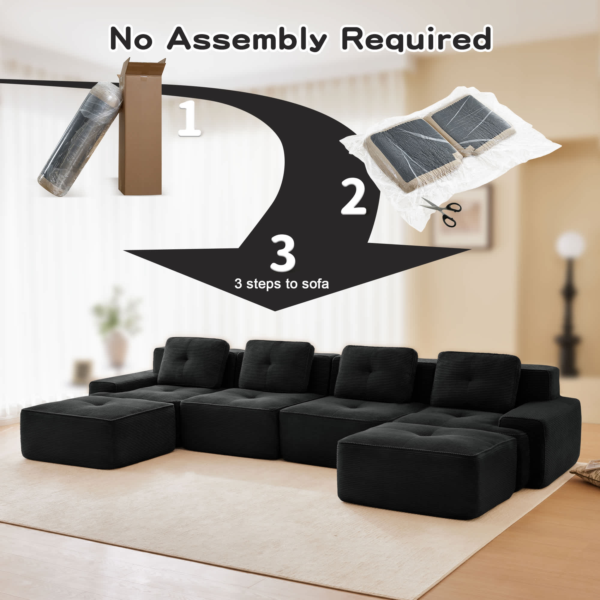 Misty Moon 153 Inch Black Modern U-Shaped Modular Sectional Sofa for ...