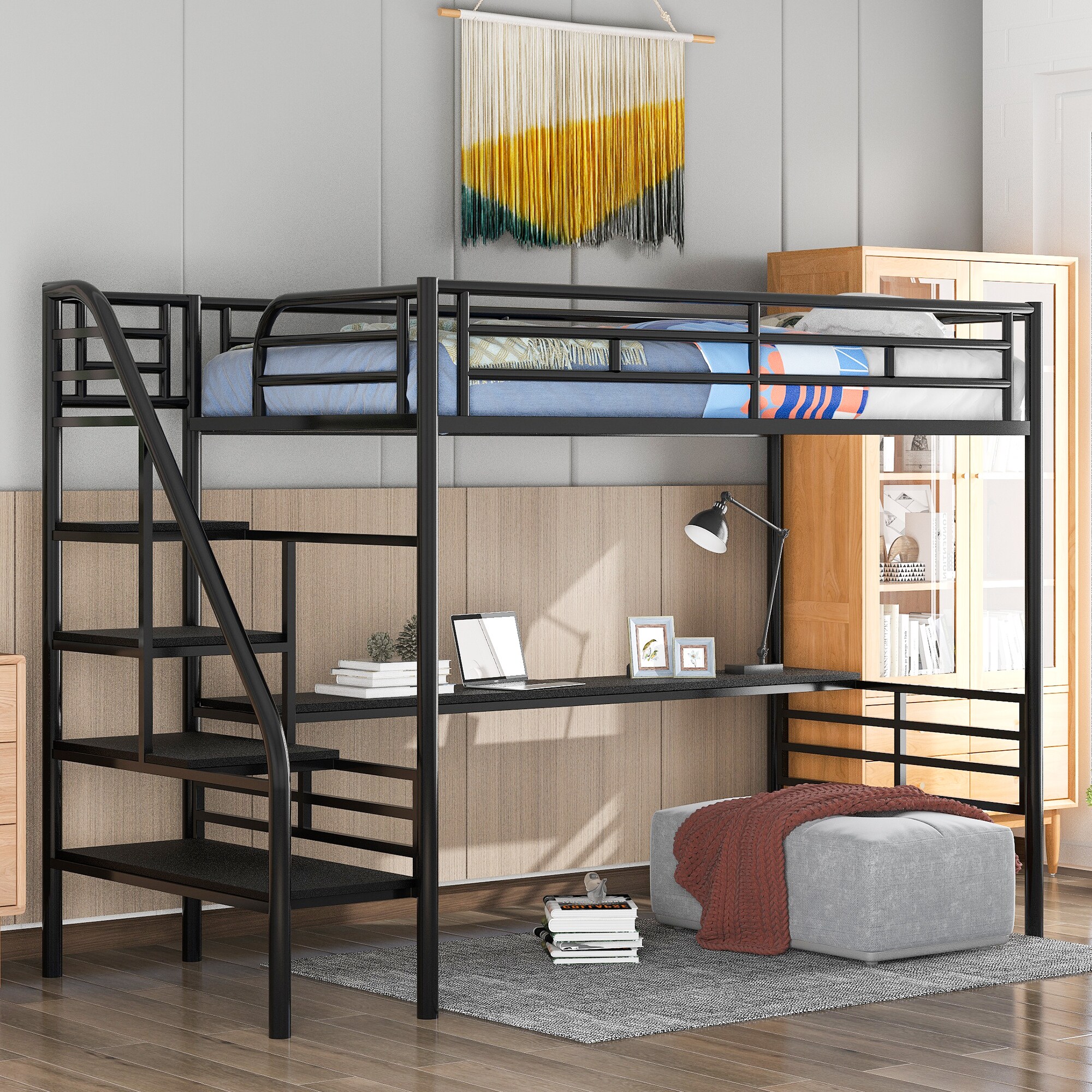 LUXEYARD Metal Loft Bed Frame with Desk No Box Spring Needed Twin Black ...