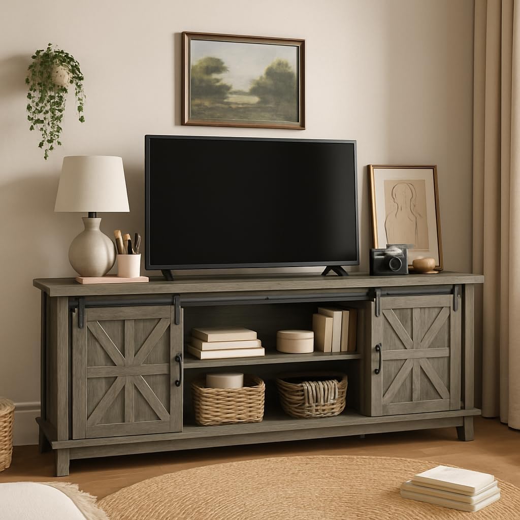 Der Rose Modern Farmhouse TV Stand 66 Sliding Barn Doors Storage ...