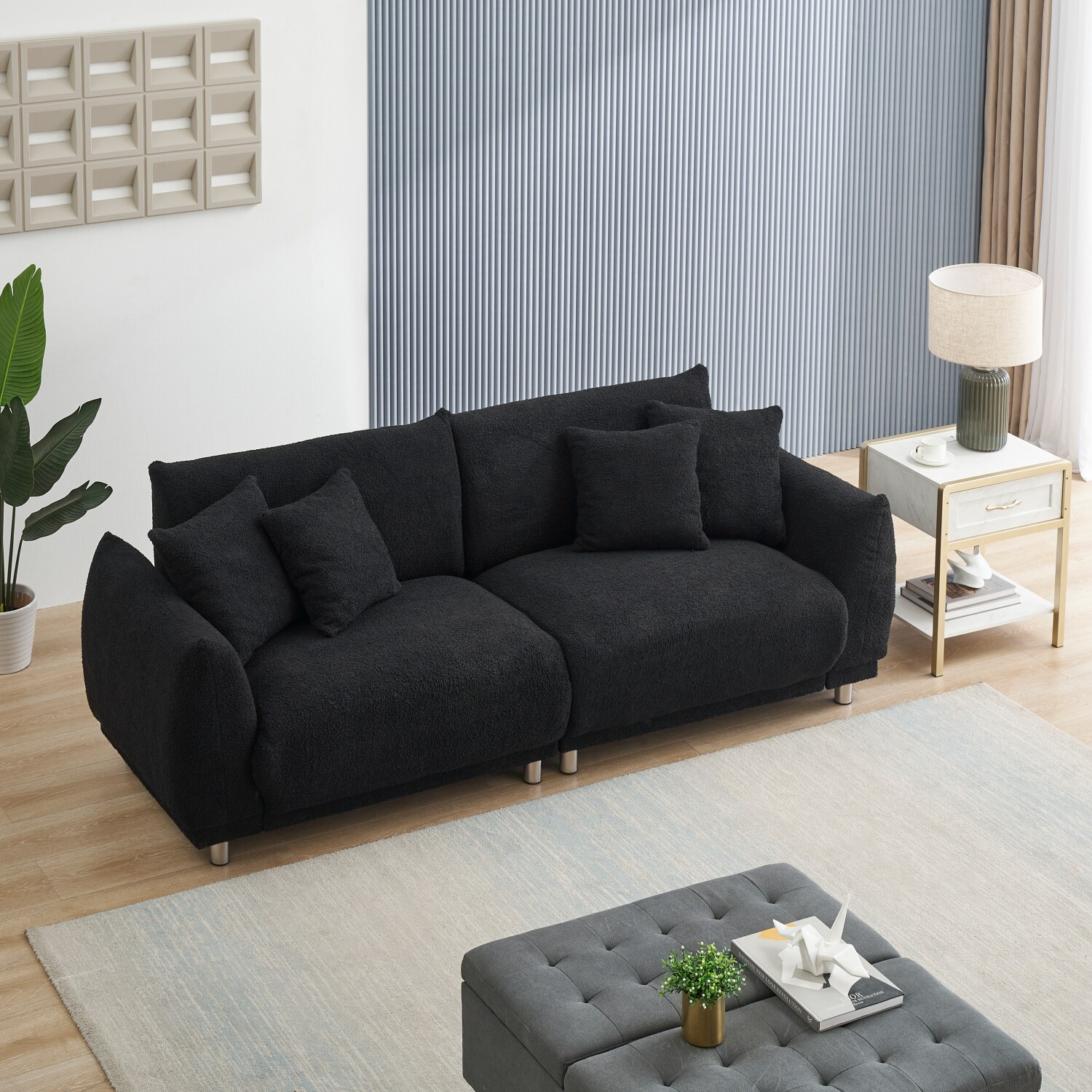 Streamdale Furniture Black Teddy Fleece Sofa with 4 Pillows in the ...