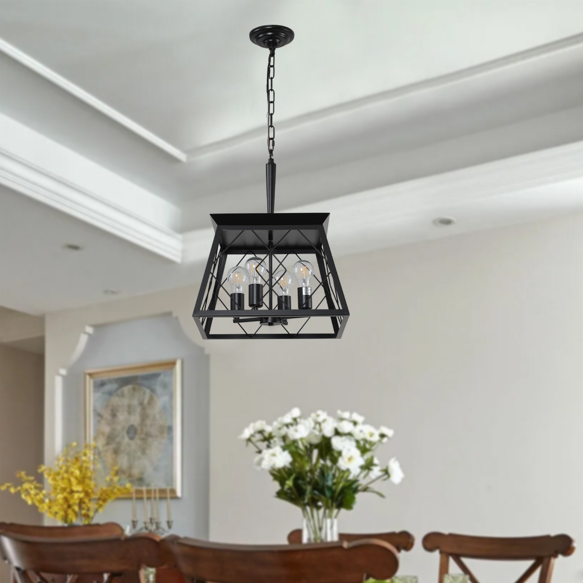 LUCKY ONE 4-Light Black Farmhouse Industrial Metal Mesh Square Medium ...