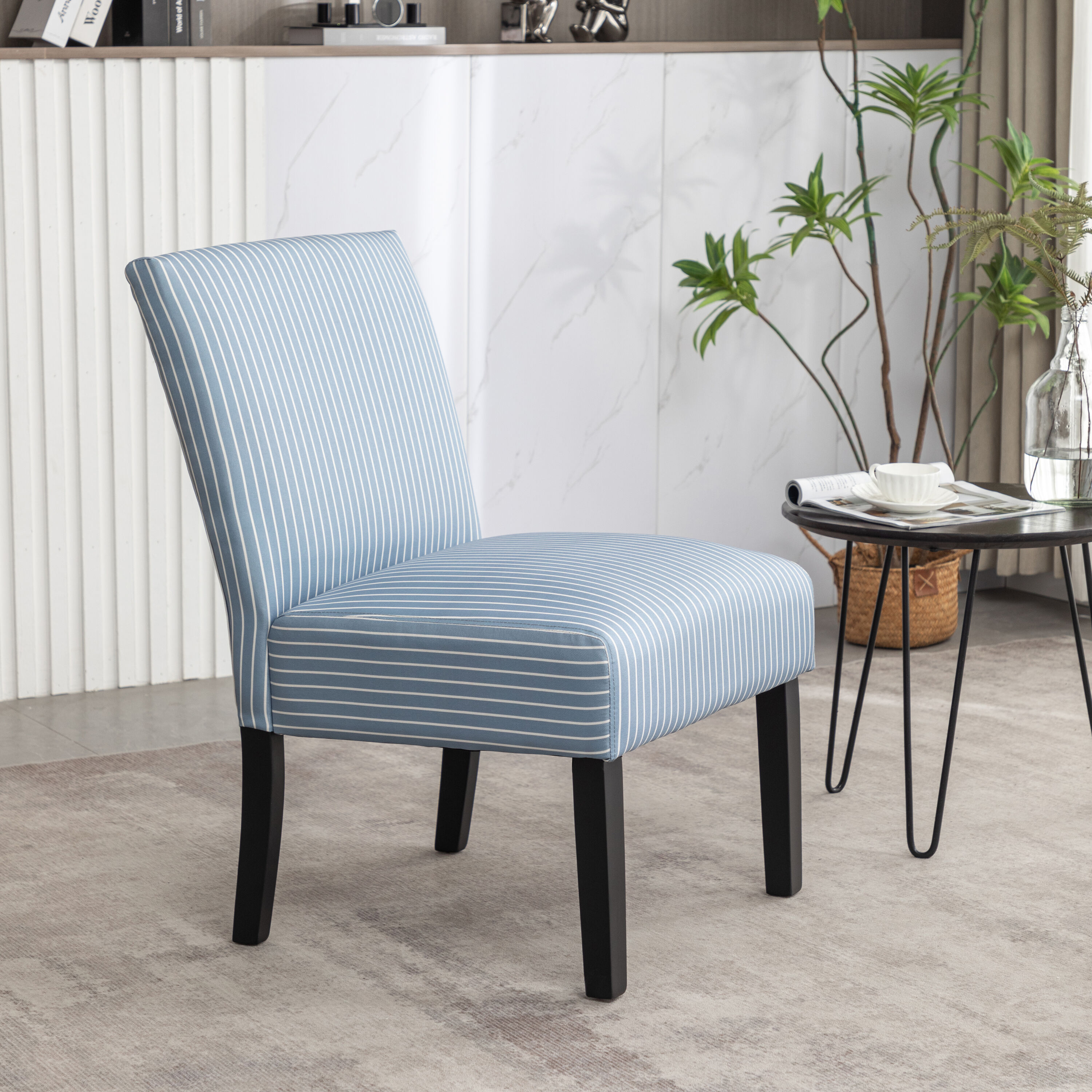 GDFStudio Upholstered Slipper Accent Chair in Blue Stripe Solid ...