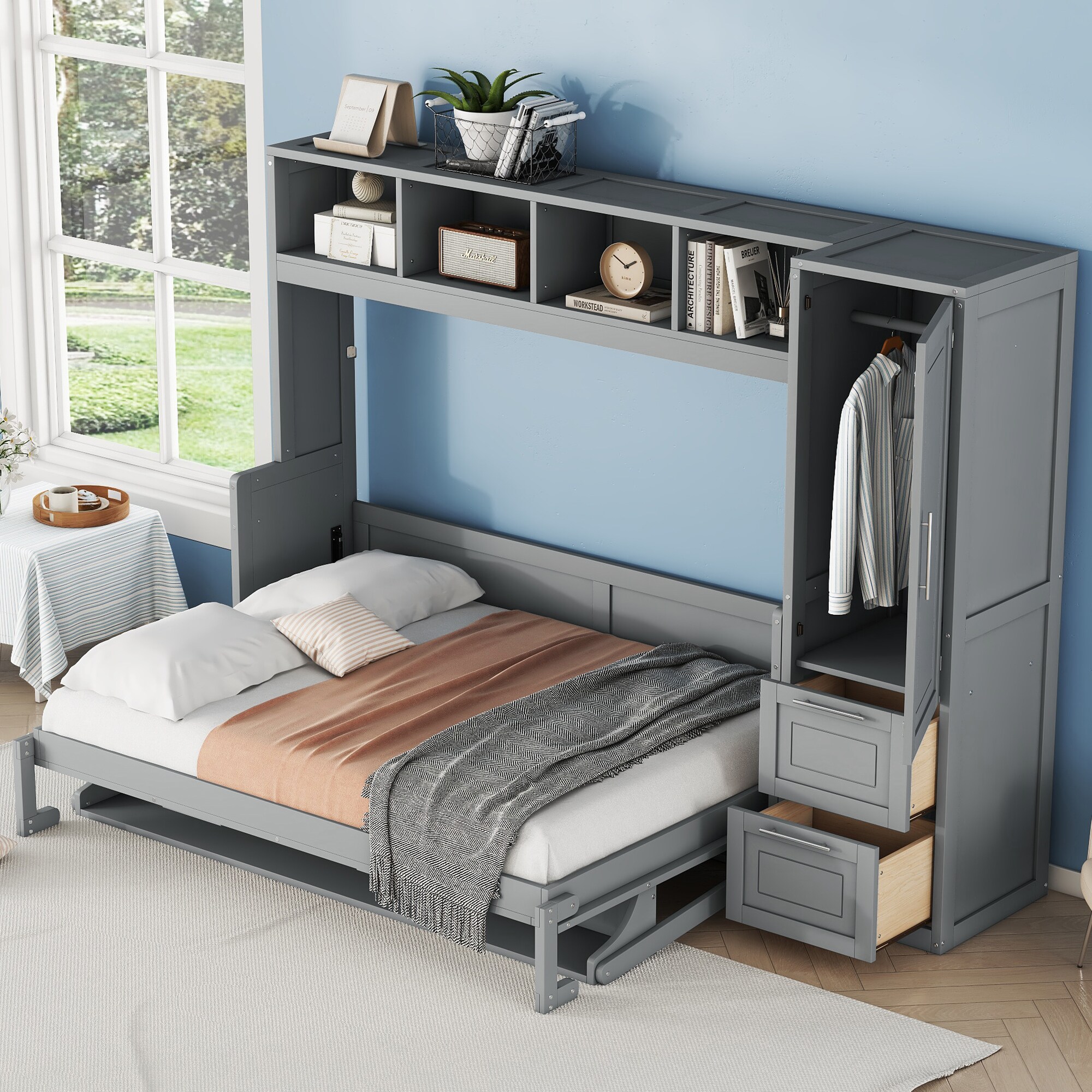 ModernLuxe Full Size Murphy Bed Wall Bed with Closet and DrawersGray in ...