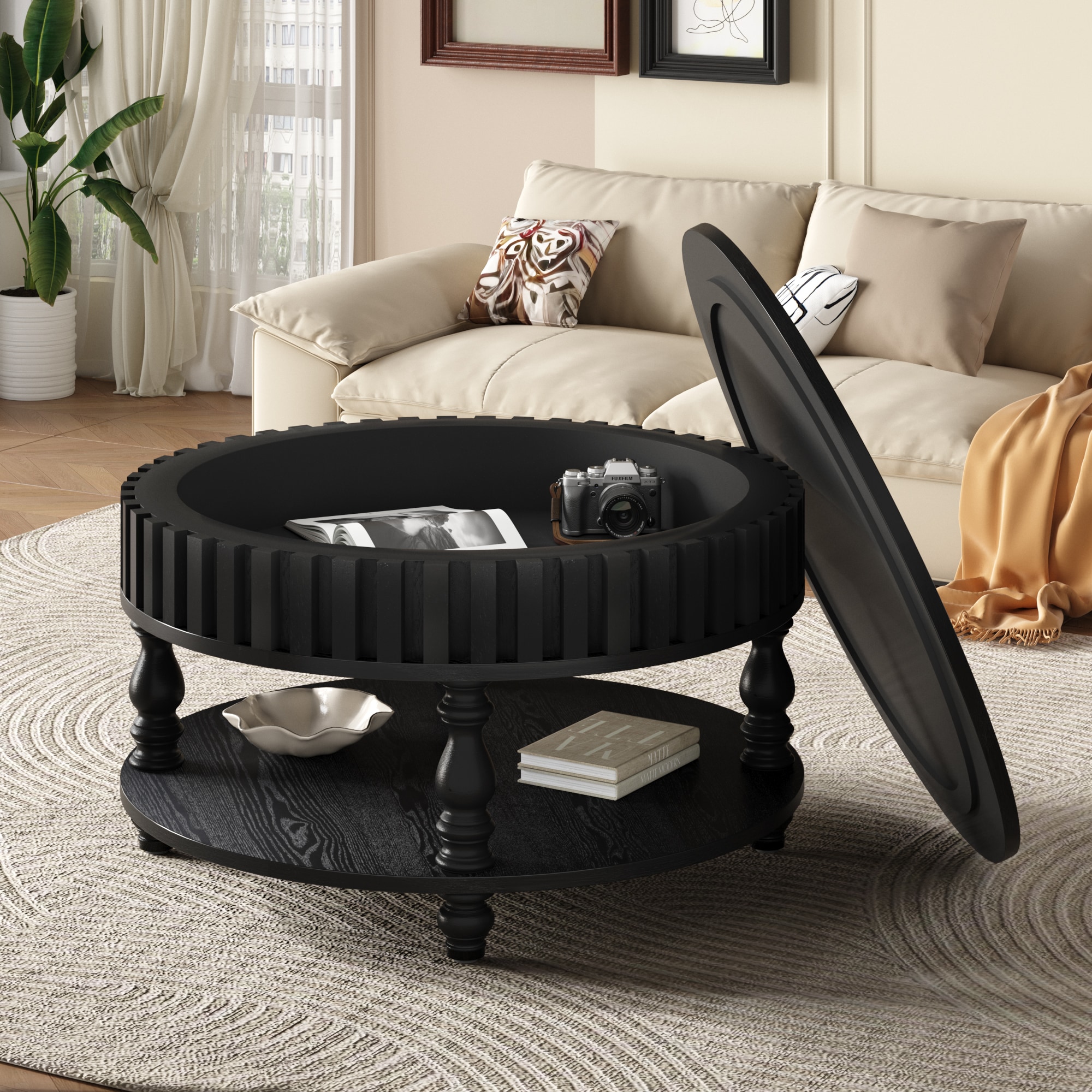 LOVMOR Modern Fluted Coffee Table With Storage Black Finish Center ...