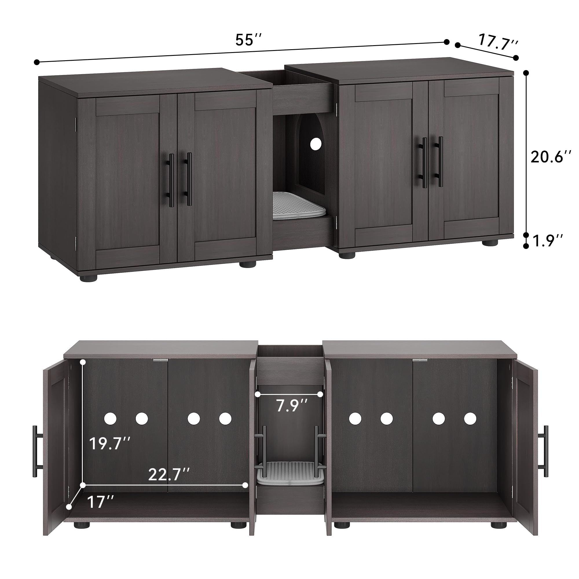 Encore Beets 55 Inch Dual Compartment Cat Litter Cabinet Walnut for 2 ...