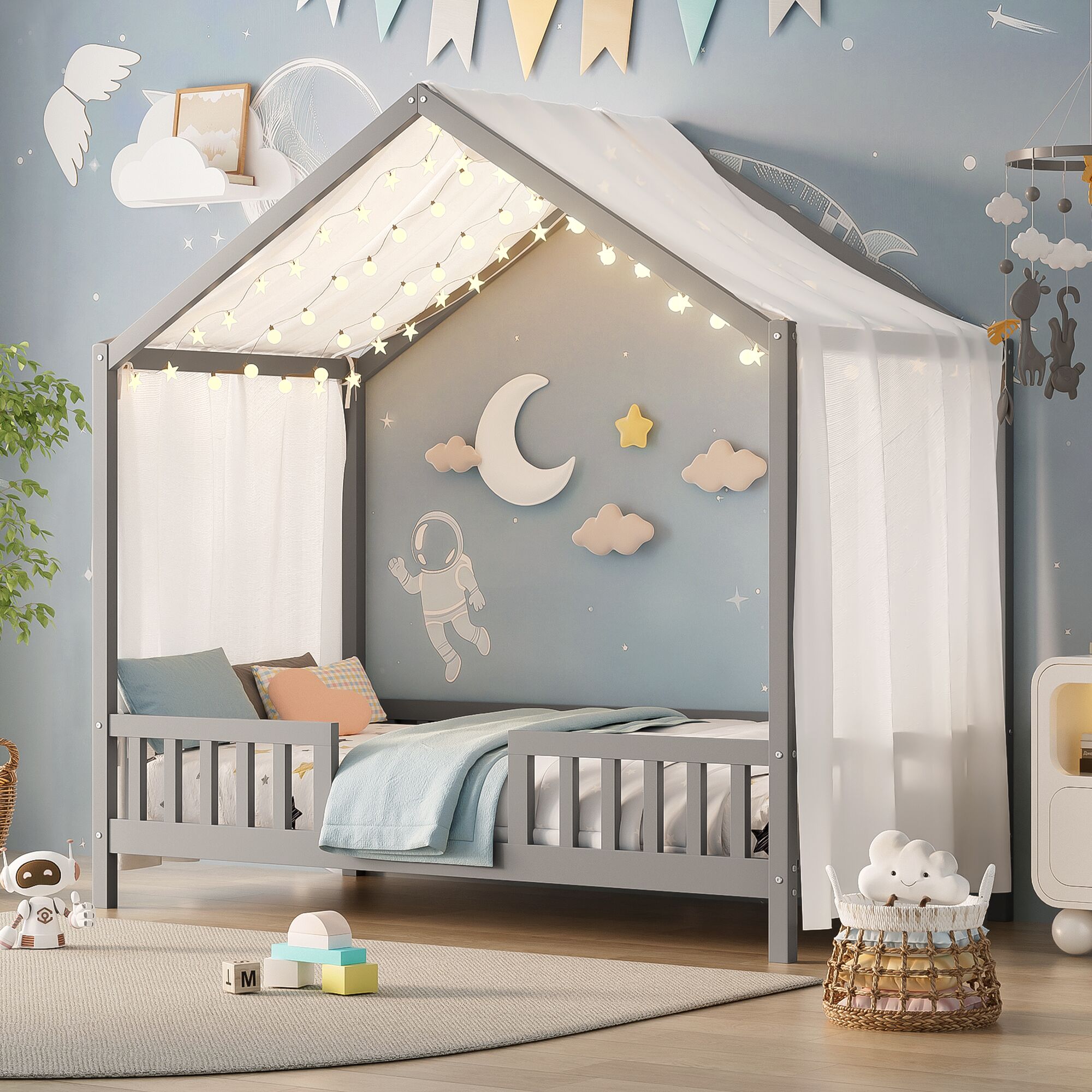 Tinyhomie Twin Size Montessori Floor Bed with Canopy and High Safety ...