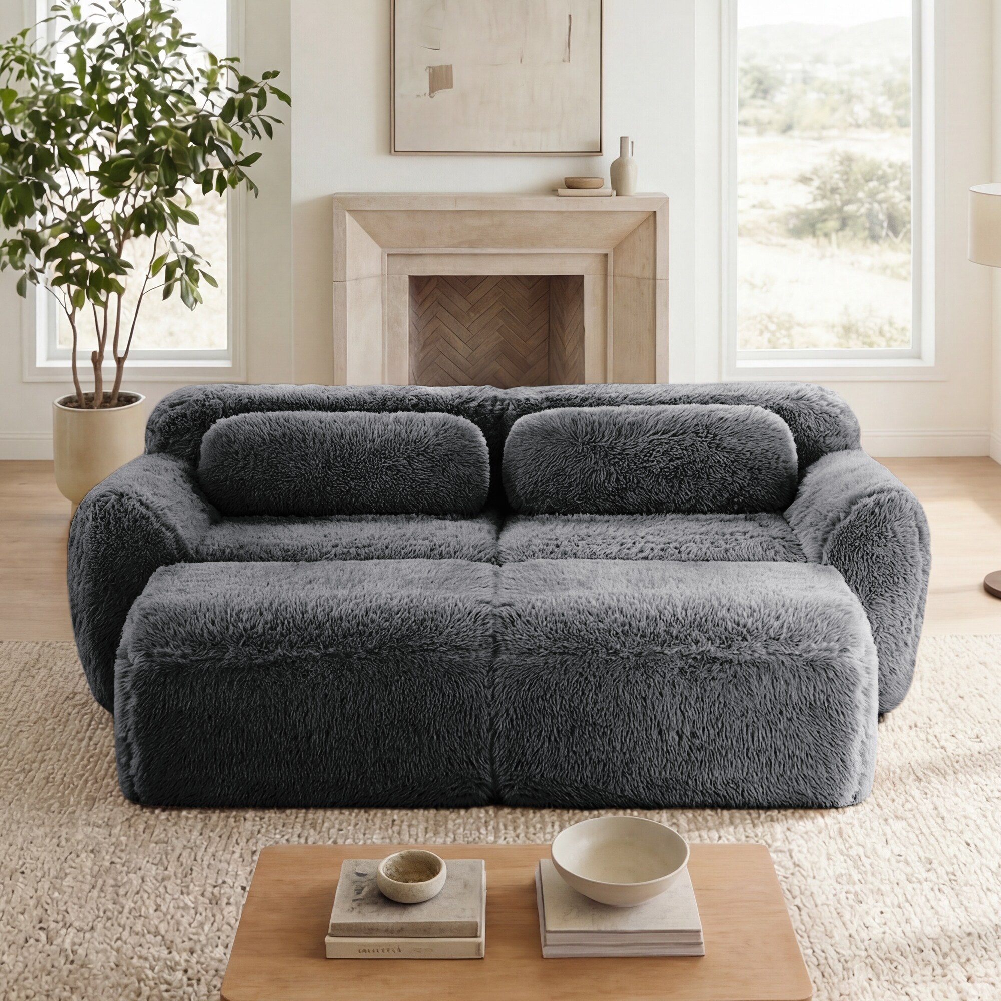 Homy Casa PUFF 80-in W Dark Grey Modular Loveseat with 2 Ottomans Deep ...