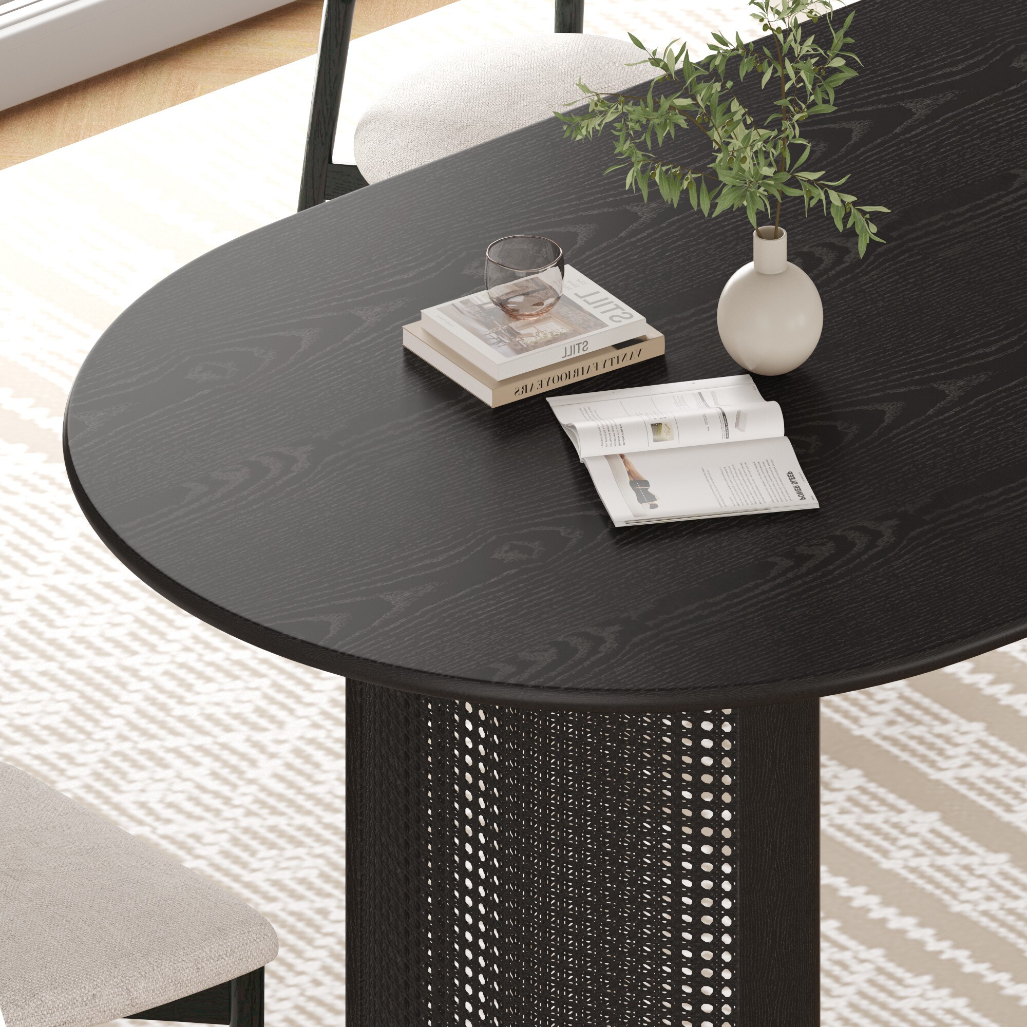 Wooakway 79 inch Solid Wood Oval Dining Table with Cane Weave Double ...