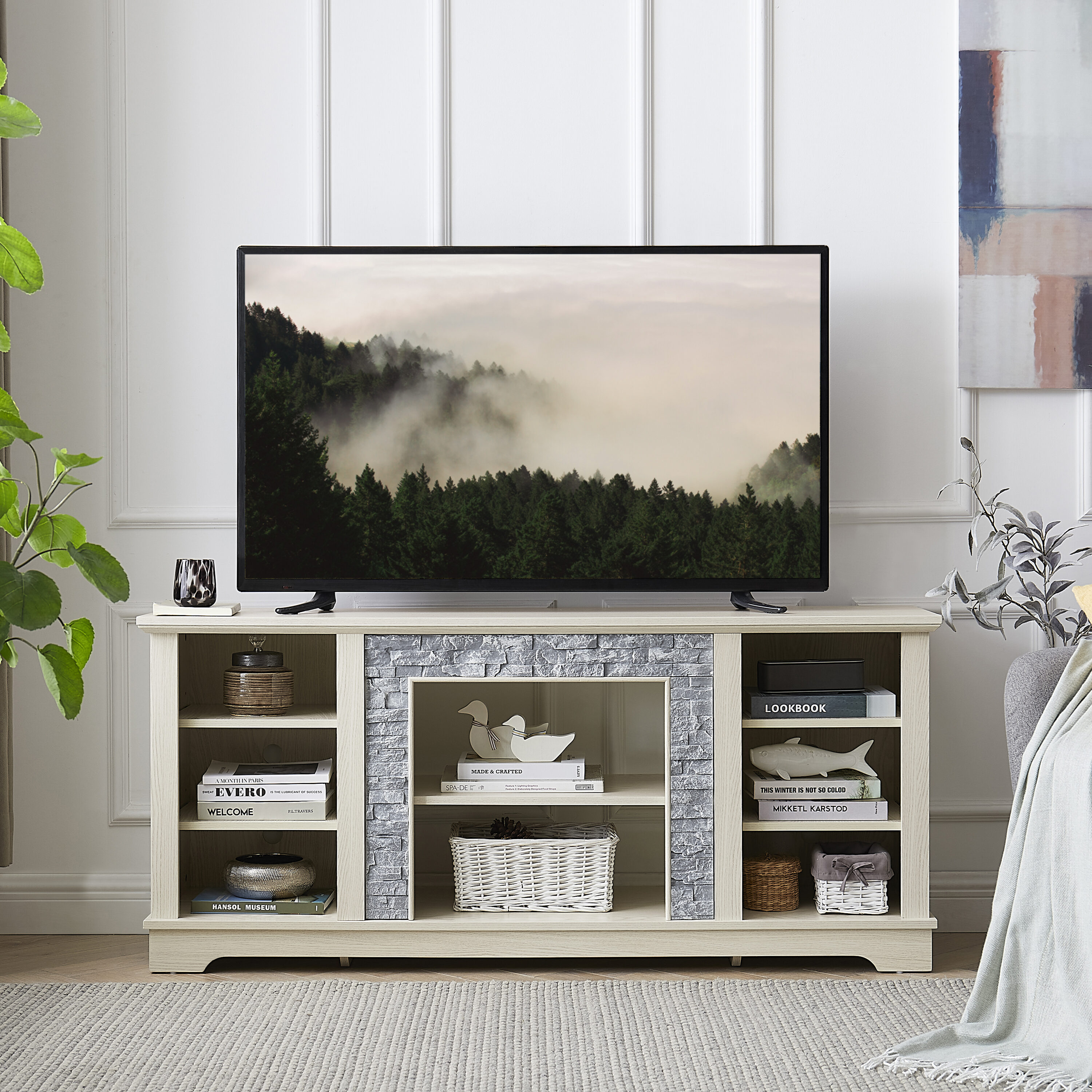 Huluwat Mantel Stone TV Media Stand with with Faux Stacked Stone ...