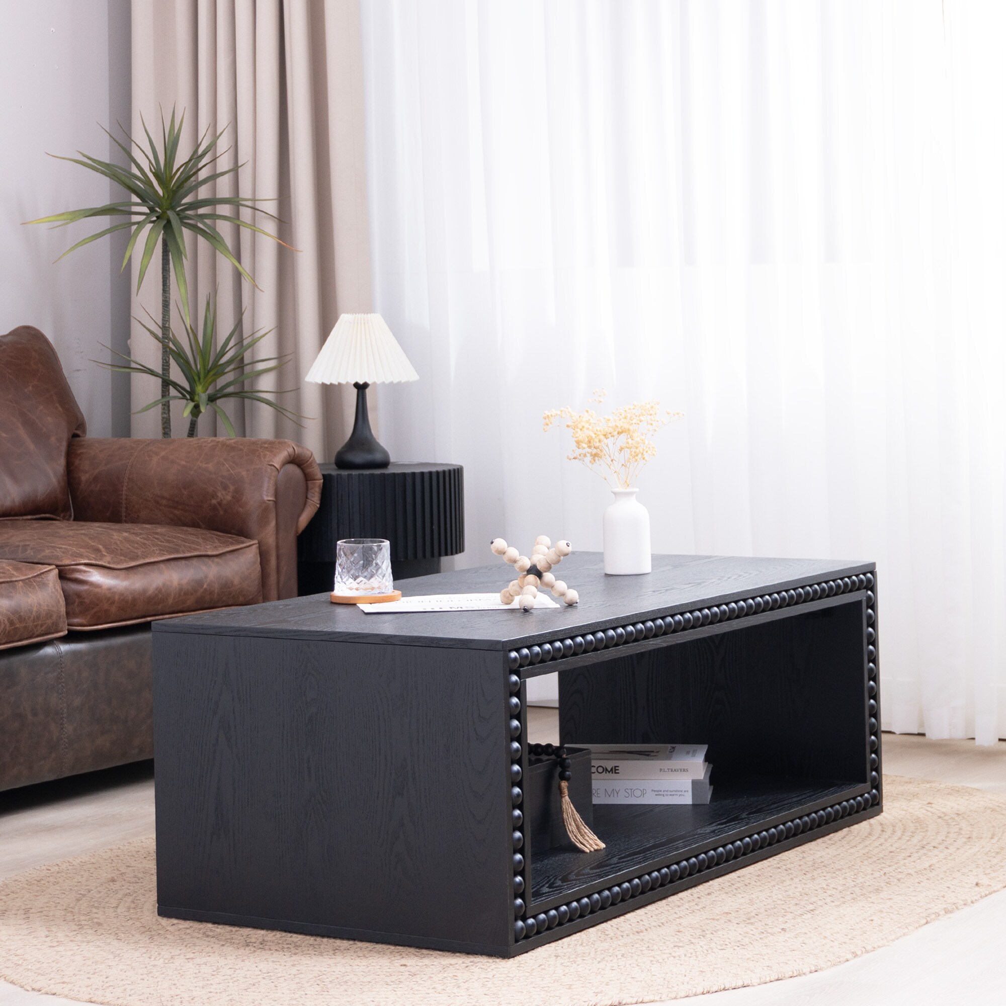 GDFStudio Black Beaded Edge Coffee Table 47.6in Rectangular Center ...