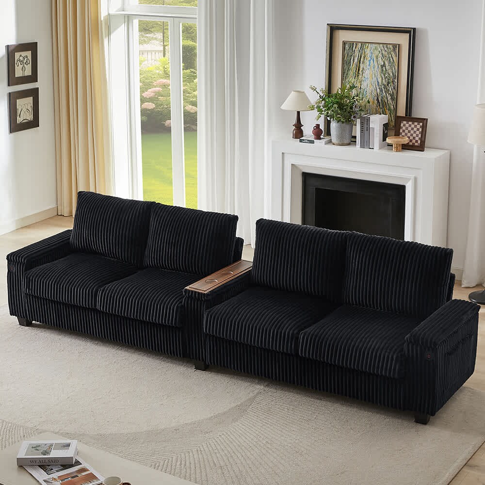 JUJABU 133in Black 4 seater Corduroy Sofa Couch Modern Sofa with USB Ports Hidden Storage Arms ...