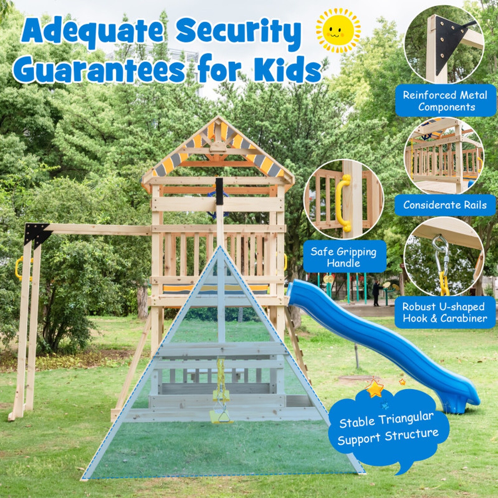 SUGIFT Wooden Swing Set for Backyard with Slide 3 Swings Monkey Bars ...