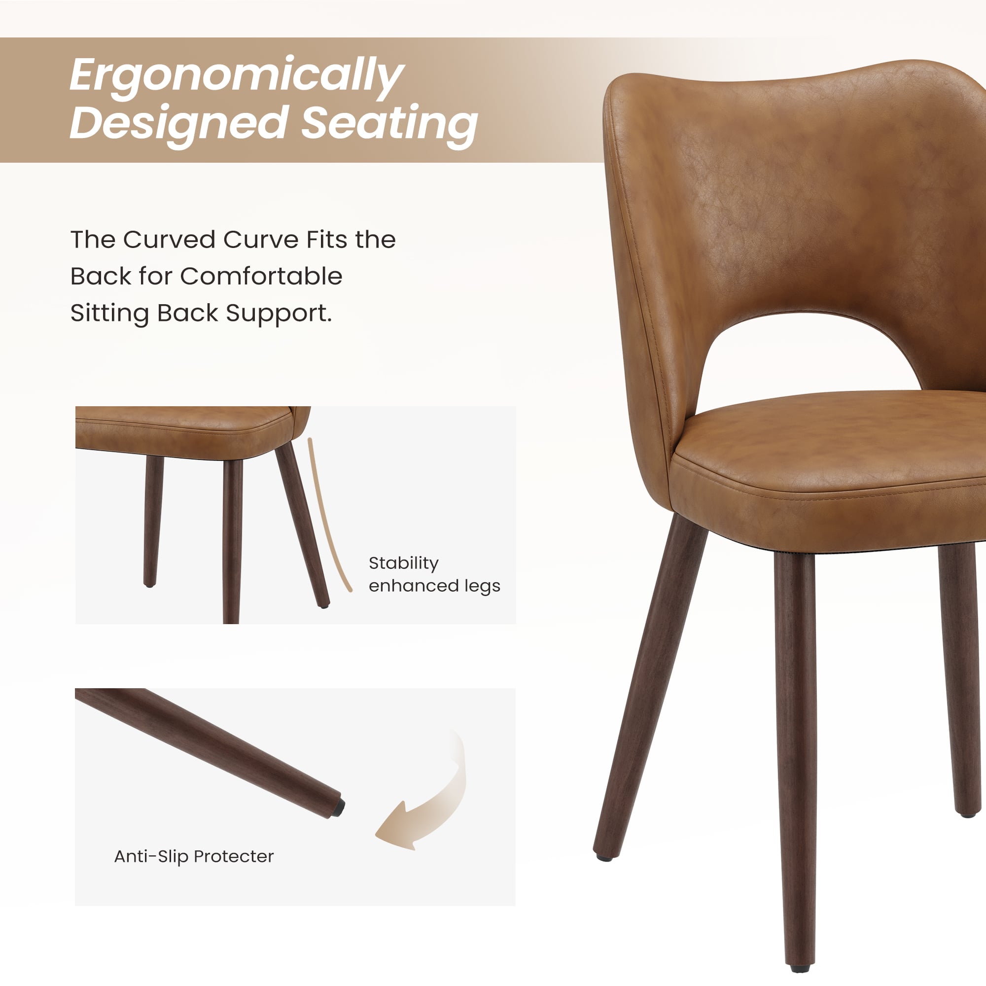 Colamy Set of 2 Light Brown Faux Leather Upholstered Dining Chair with ...