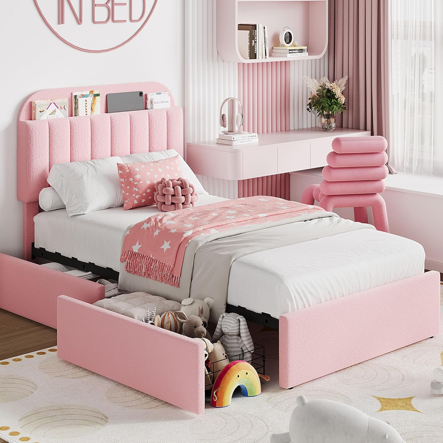 Garvee Twin XL Size Bed Frame with 2 Flexible Drawers Boucle ...