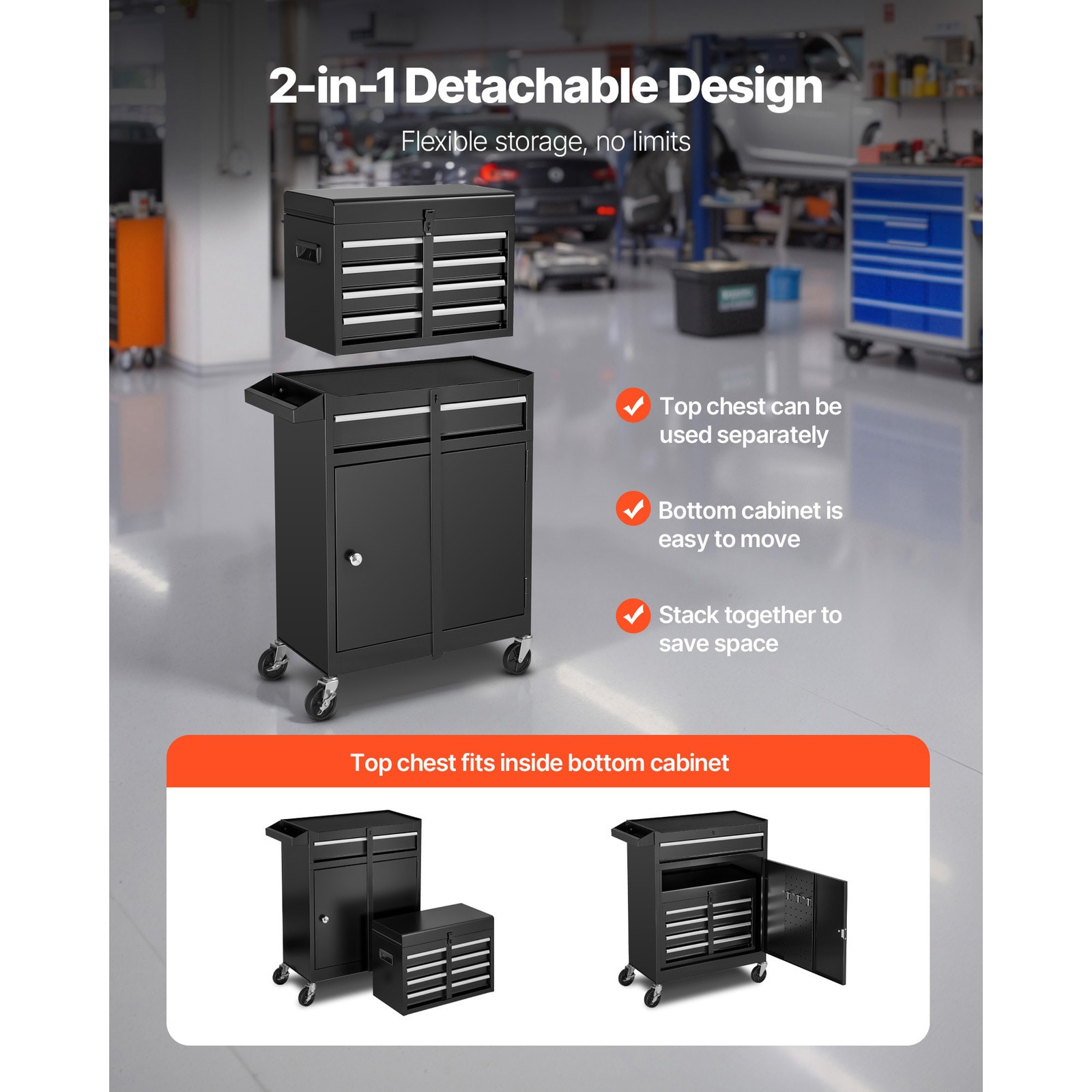 Mecale 5-Drawer 2-in-1 Rolling Tool Chest Detachable Locking Bar Swivel ...