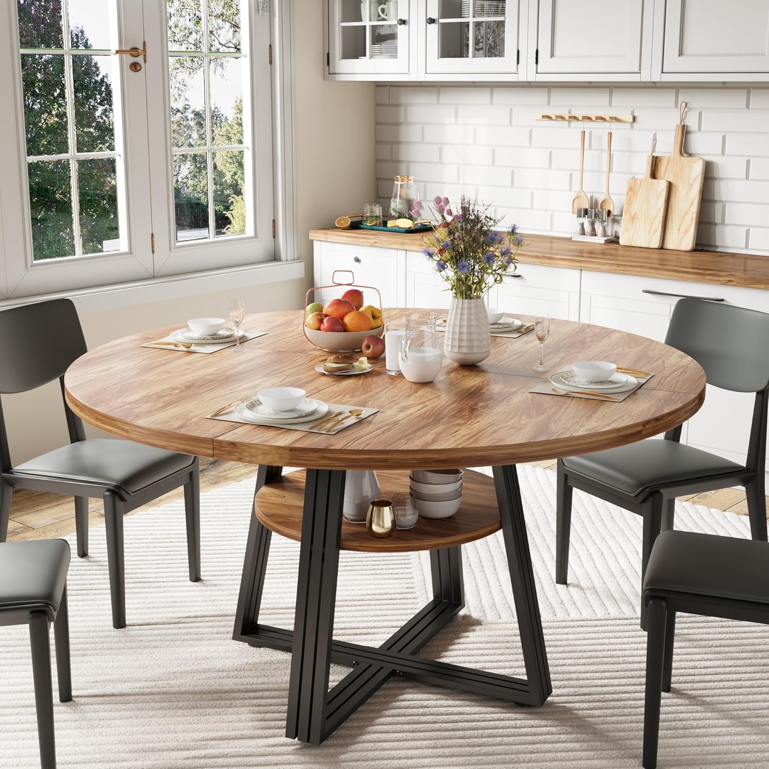 IdealHouse Round Dining Table for 4-6 47.2in Farmhouse Kitchen Table ...