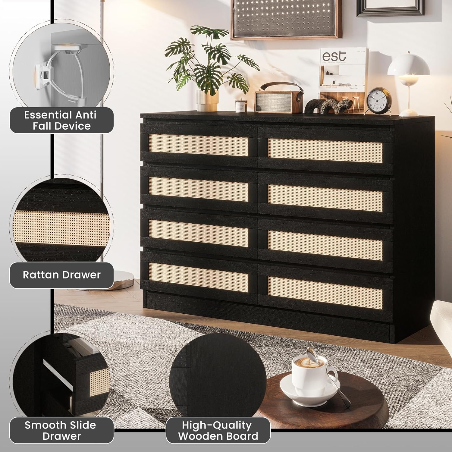 Qeetex Rattan Dresser for Bedroom - Modern 8 Drawer Wooden Dresser ...