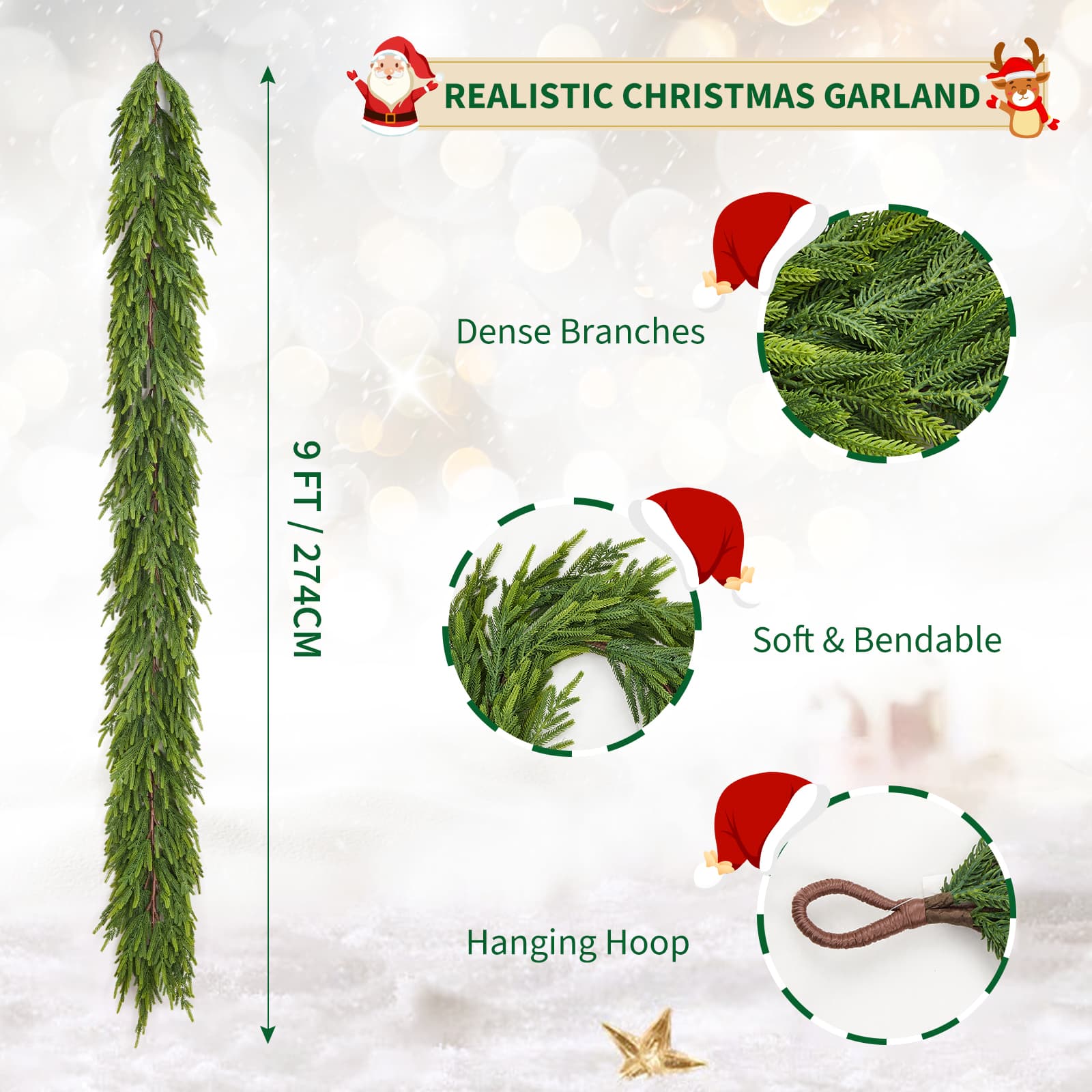 Qeetex 9FT Artificial Christmas Garland for Mantle Real Touch Norfolk ...