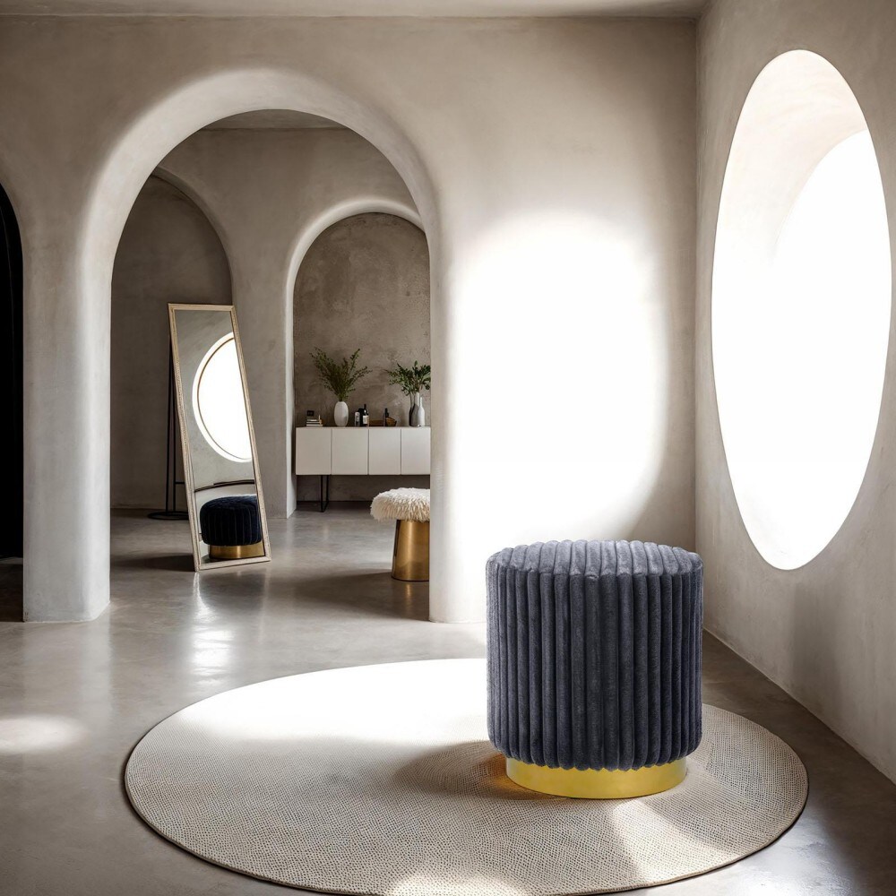 GlasFlength Dark Gray Fur Channel Tufted Round Accent Stool with Gold ...