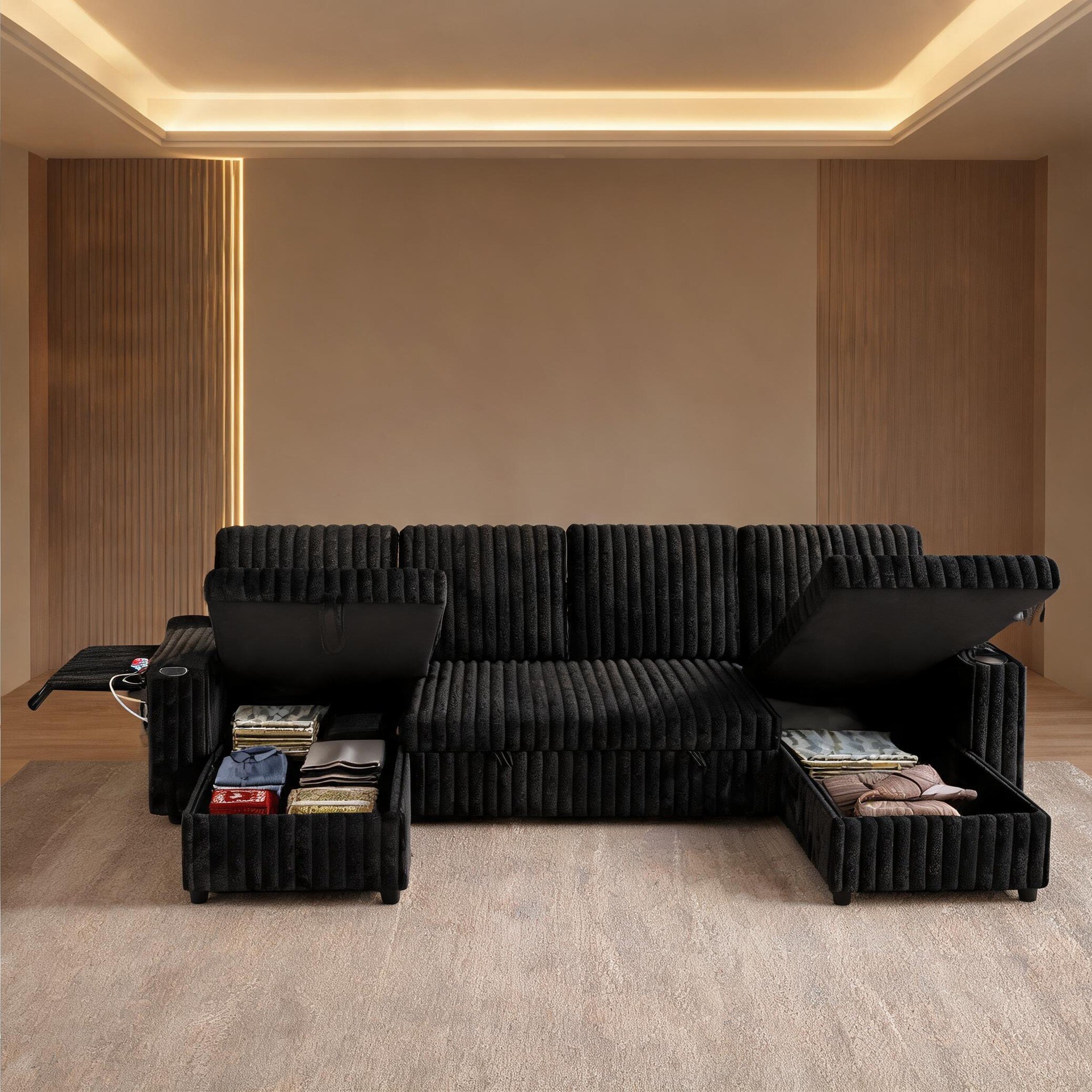 Naturefalls Corduroy U-Shaped Sleeper Sectional with Storage Chaise and ...