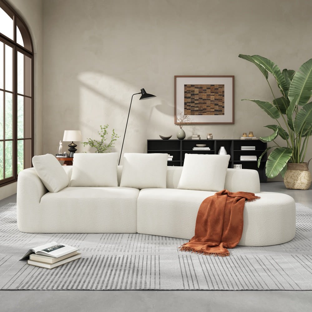 Coolbibila 116-in Beige Curved Sectional Sofa with Chaise High-Density ...
