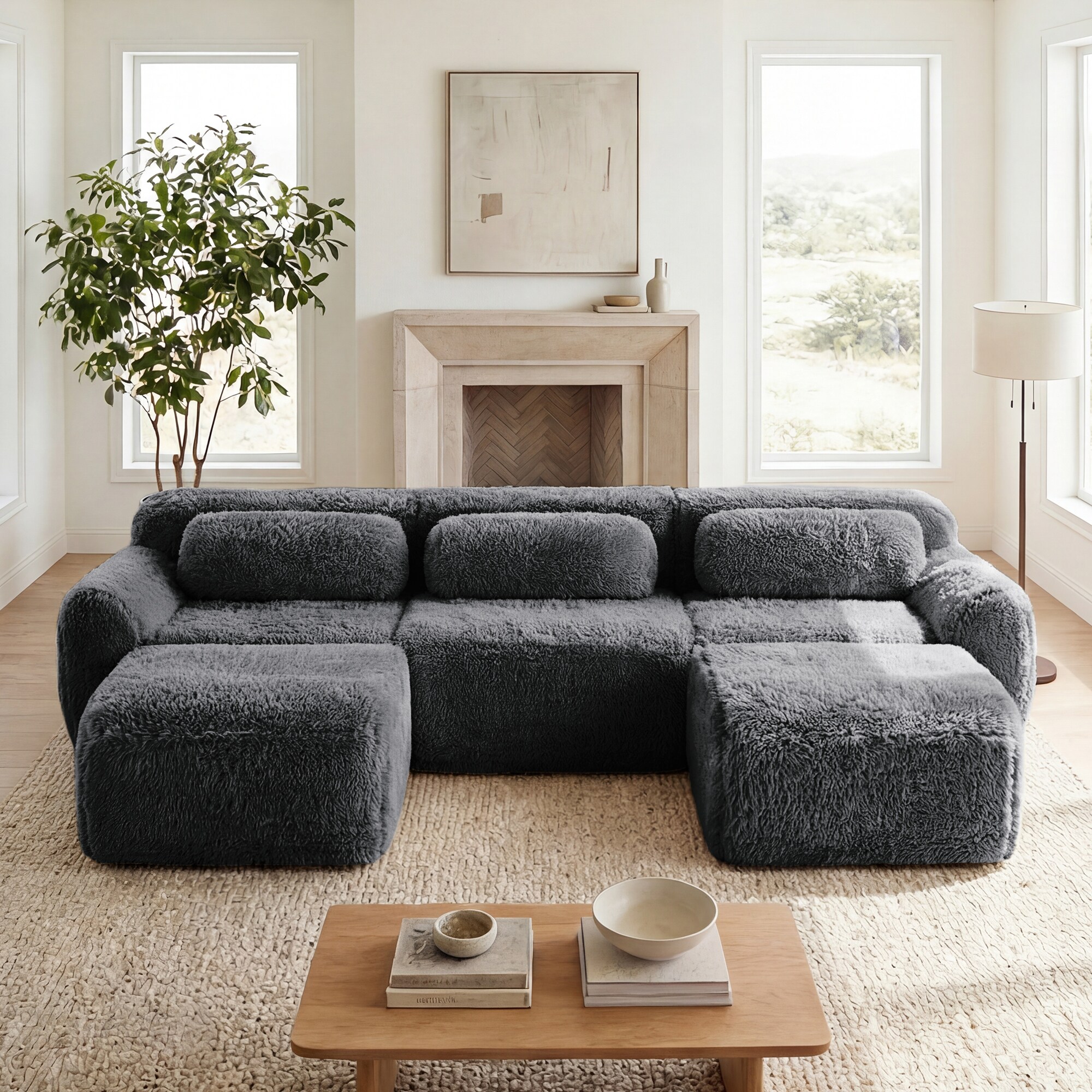 Homy Casa PUFF 114-in W Dark Grey Modular Plush U-Shaped Sectional Sofa ...