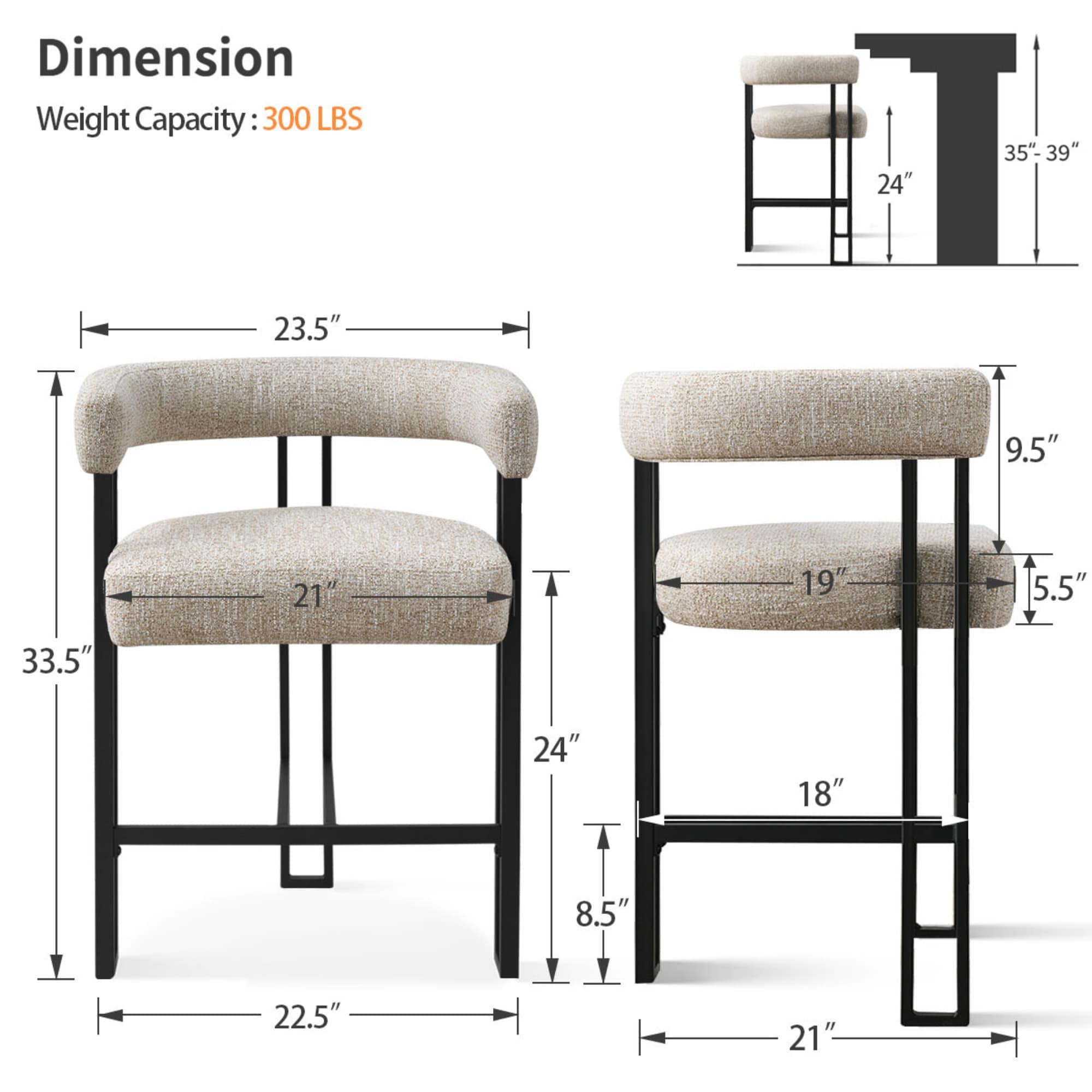 Maison Boucle Set of 2 Oatmeal Counter Height Bar Stools with Barrel ...