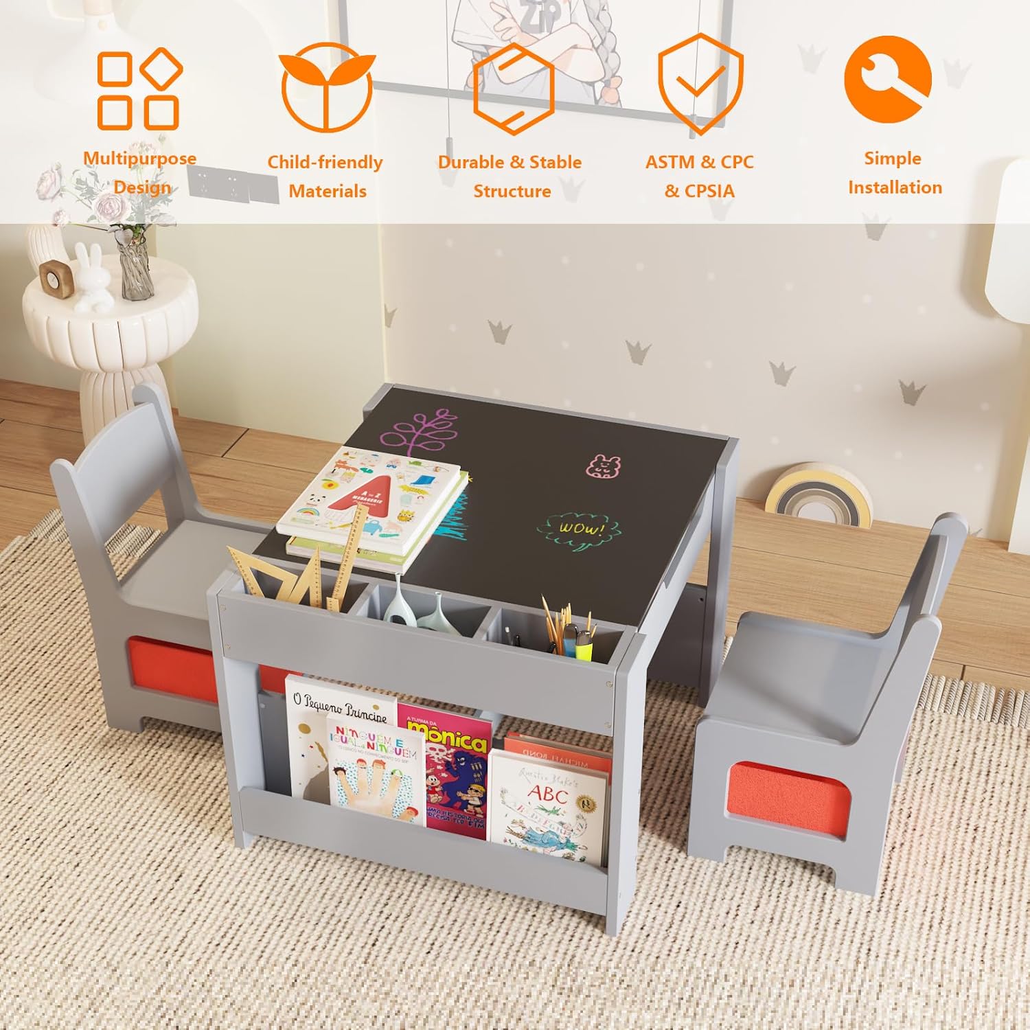 Garvee Kids Art Table and Chair Set 4 in 1 Children Activity Table with ...