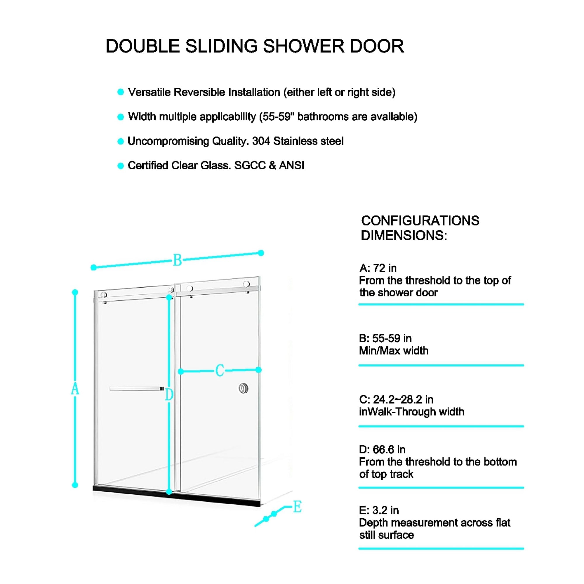 Tatayosi 55-59W x 72H Frameless Double Sliding Shower Door Brushed Gold ...
