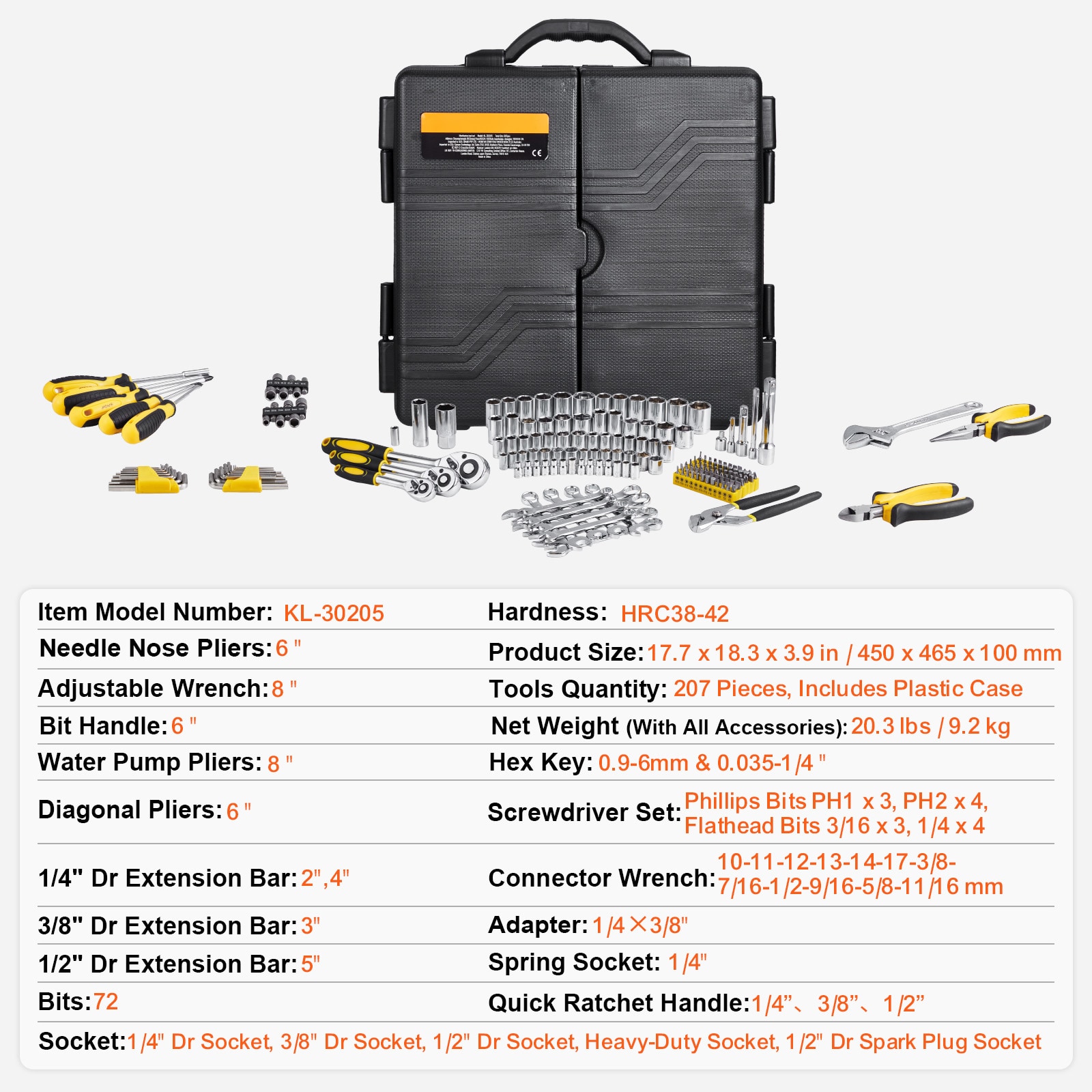 VEVOR 207-Piece Mechanics Tool Set 1/4in 3/8in 1/2in Drive Sockets SAE ...