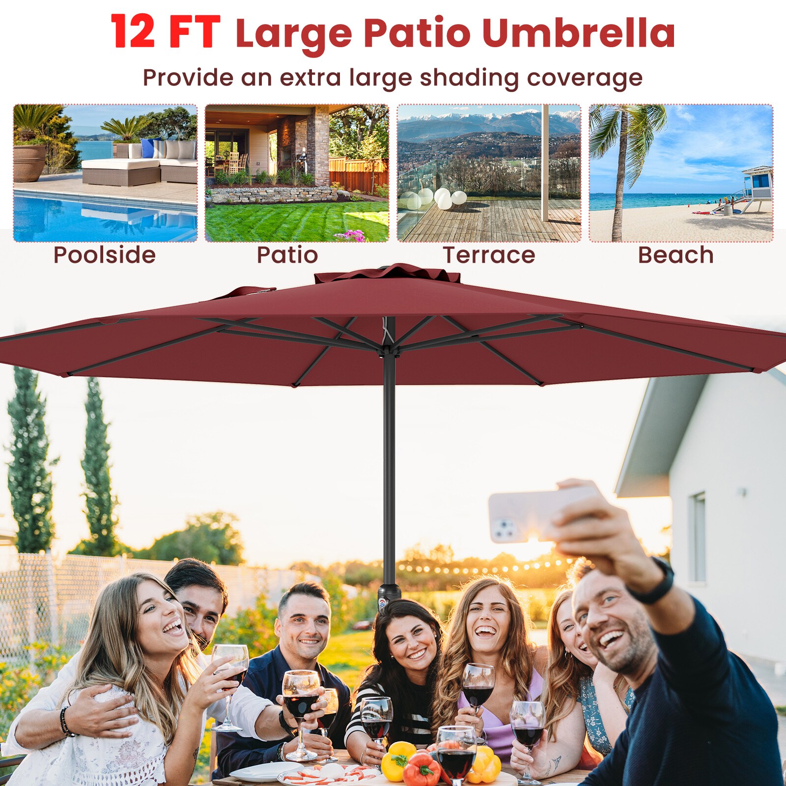 Volenca 12-ft Outdoor Patio Umbrella with 8 Powder-Coated Steel Ribs ...