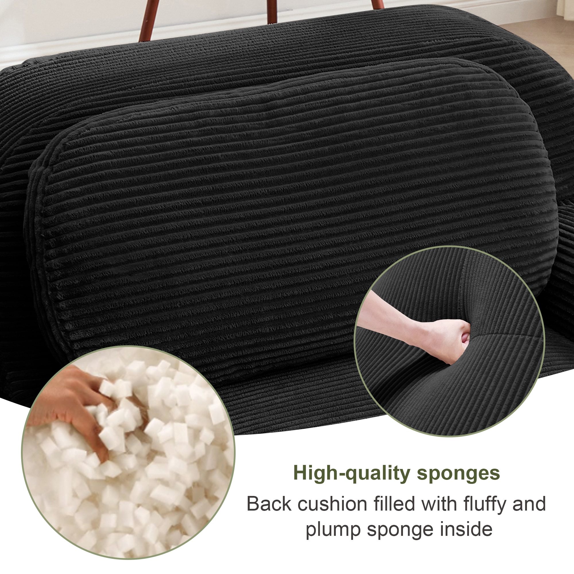 Clihome Sofa With Tufted 151.9-in W Modern Black Velvet 4-seater ...