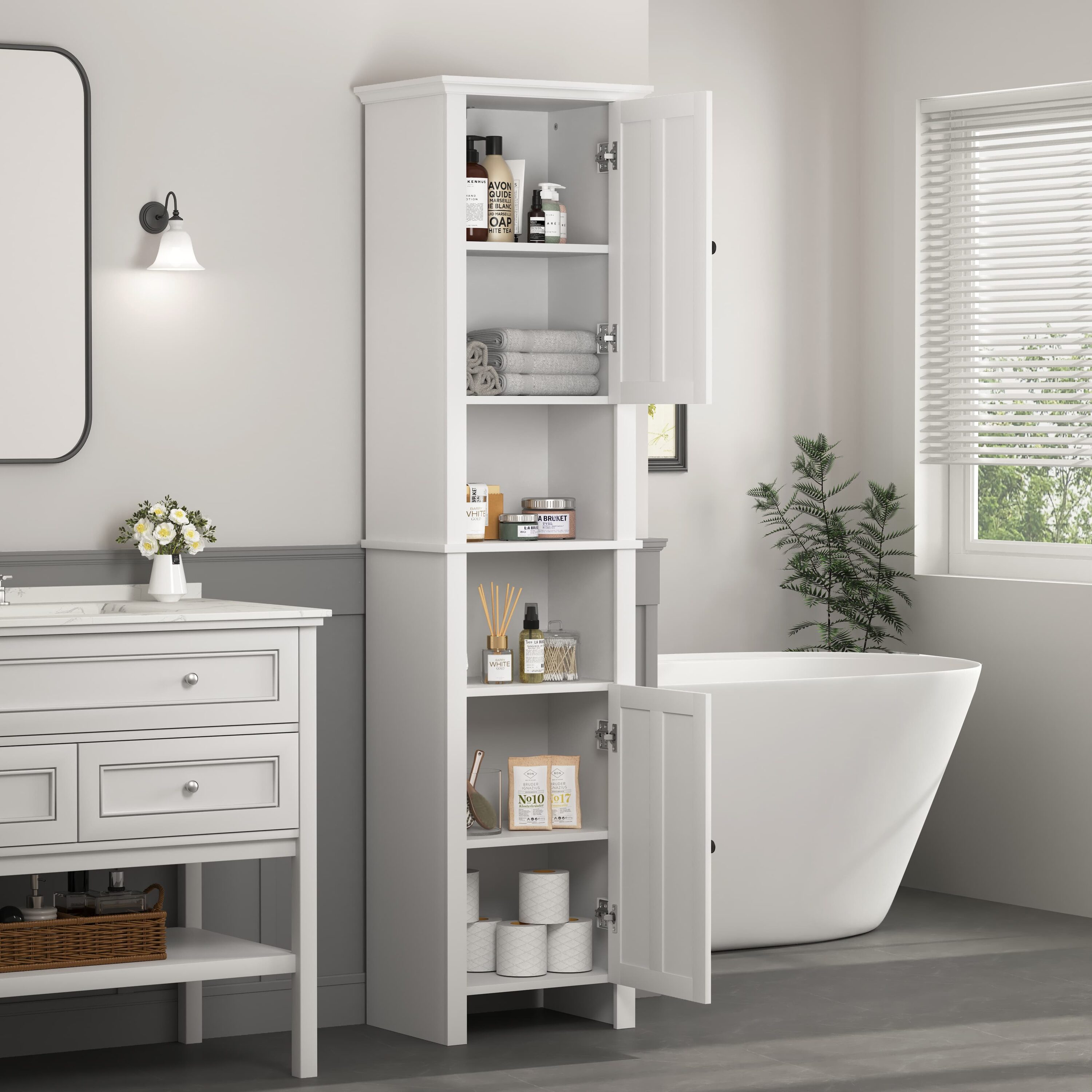 Vynxaria Tall Narrow Bathroom Floor Storage Cabinet 2 Doors 6 Shelves ...