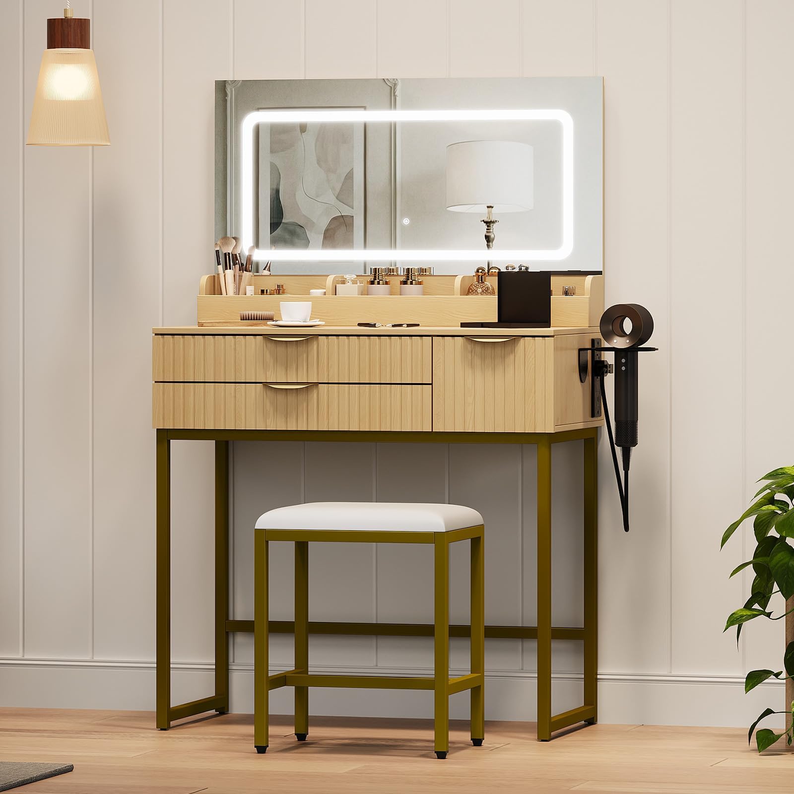 GarveeLife Glass Top Fluted Vanity Desk 3 Drawers 3 Shelves Large LED ...
