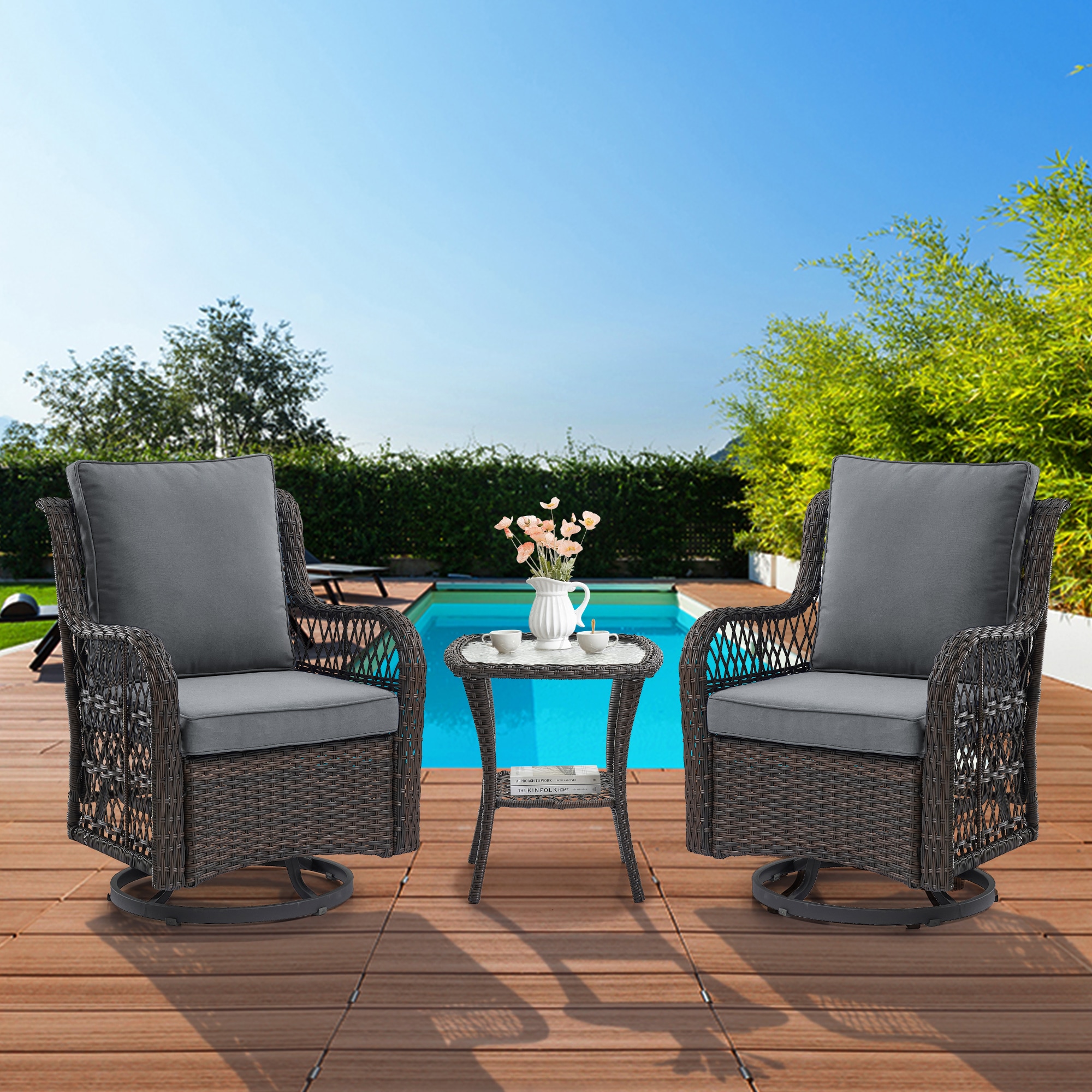 GarveeLife 3-Piece Gray Outdoor Swivel Rocking Bistro Set-2 Rattan ...