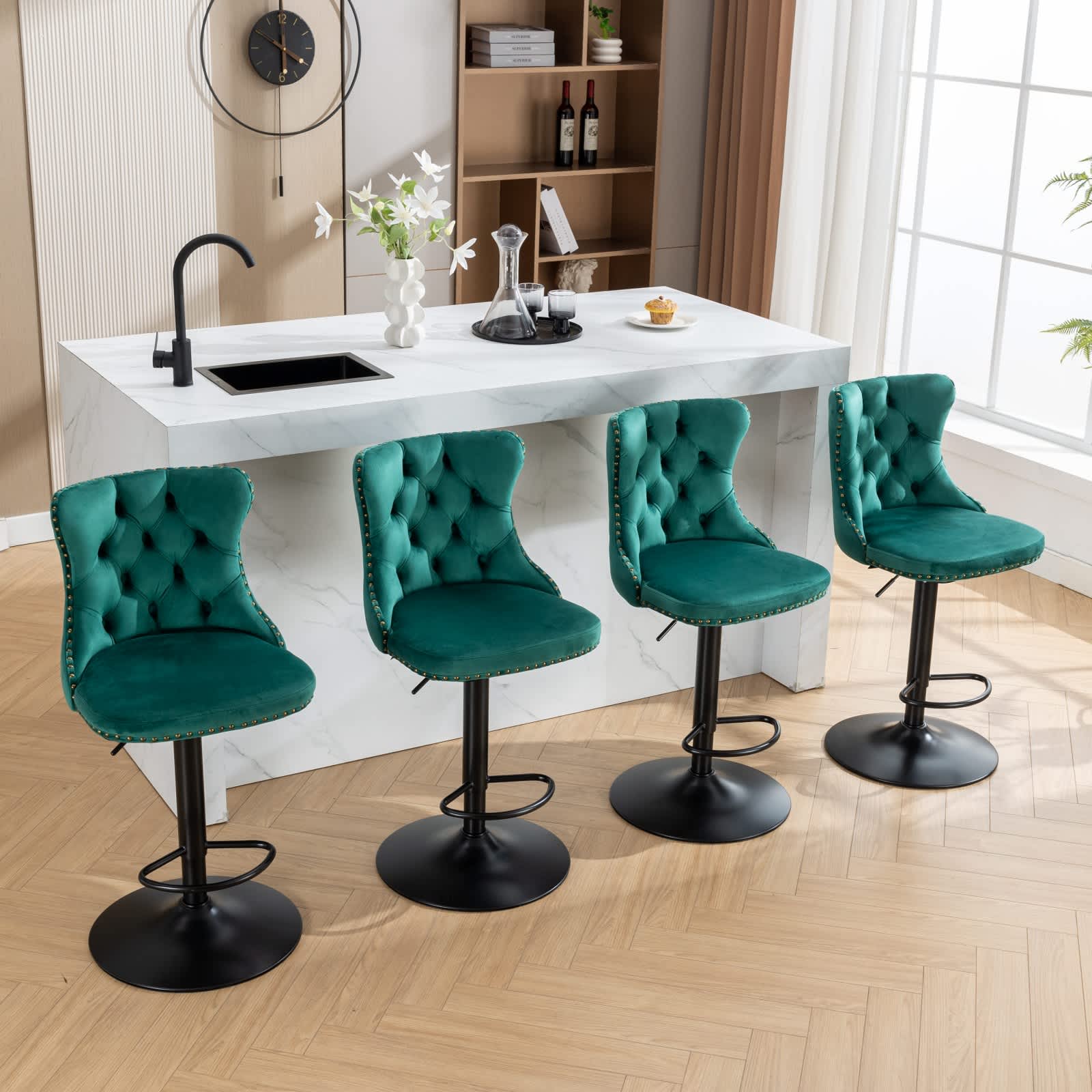 Vynxaria Set of 2 Green Swivel Velvet Barstools Adjustable 25 to 33 ...