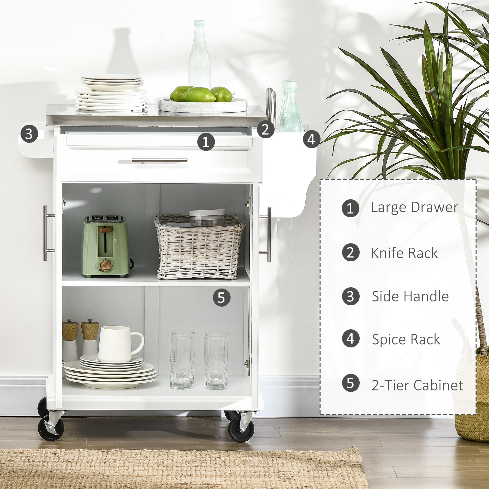 Zyerch White Kitchen Island Cart with Stainless Steel Top Pine Wood ...