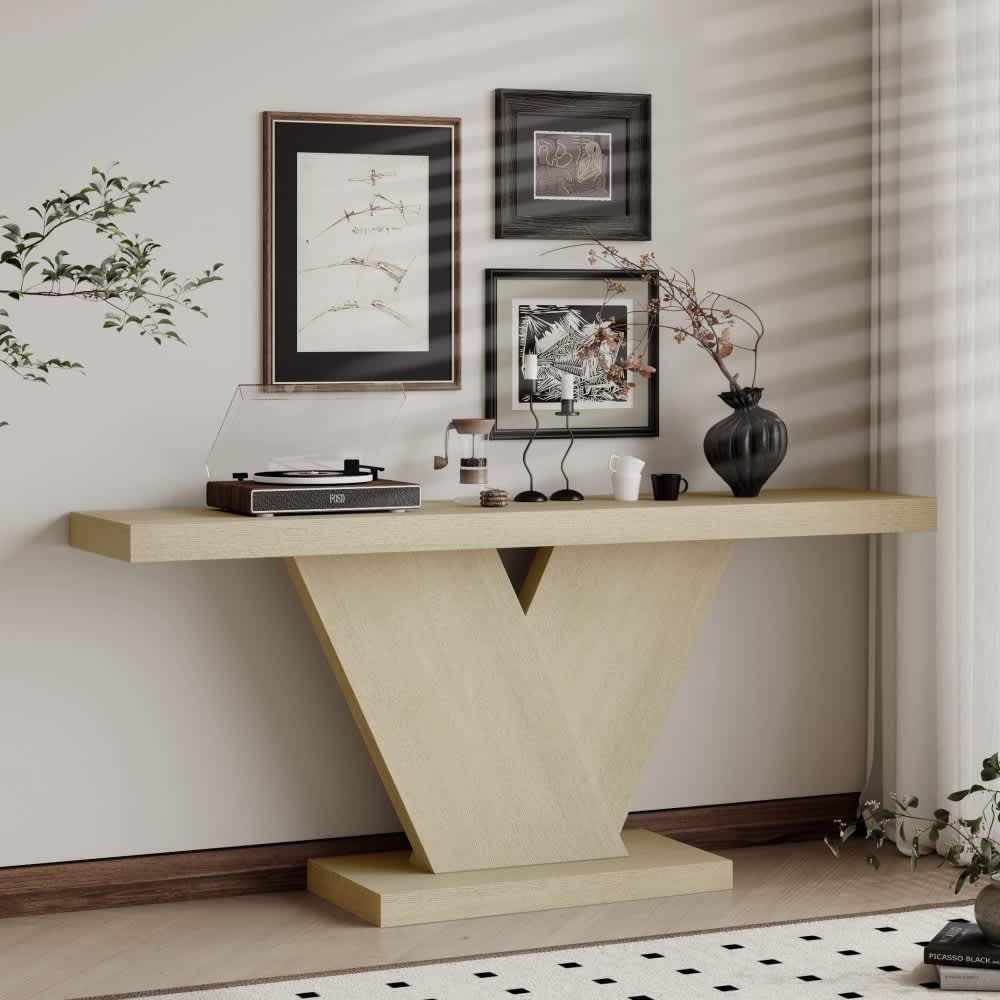 Coolbibila Modern 66 Inch Oak Wash Wood Veneer Narrow Console Table X ...