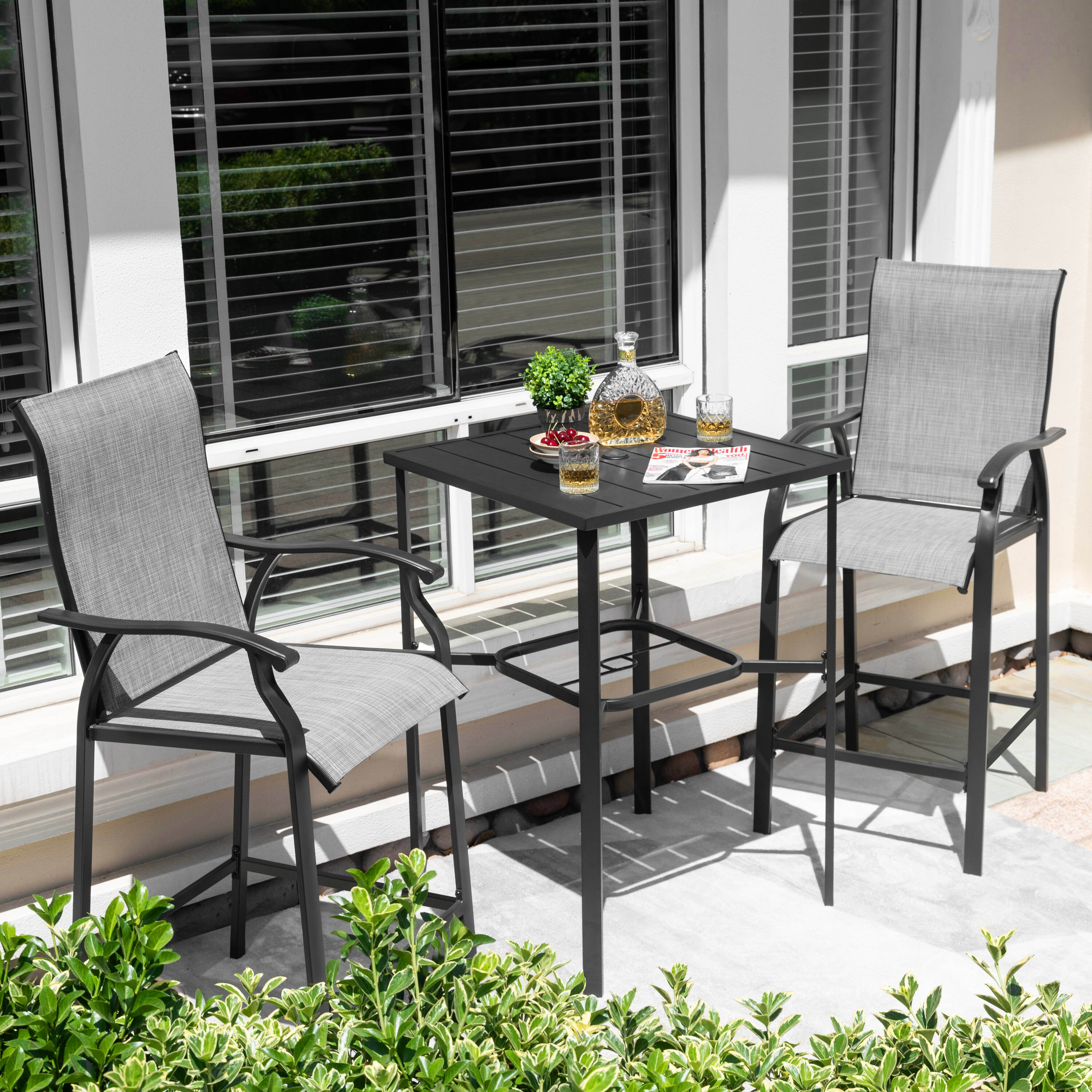 Nuu Garden 3 -Piece Black Bistro Patio Dining Set Iron Square Table ...