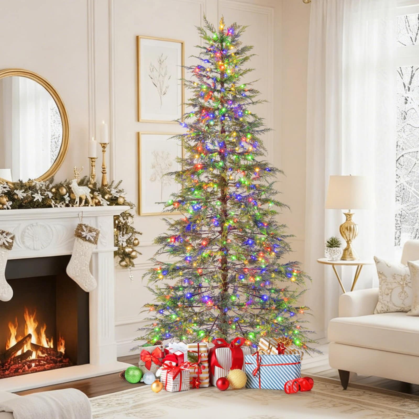 SUGIFT 7.5-ft Pre-Lit Artificial Christmas Tree with 725 TPE PVC Branch ...