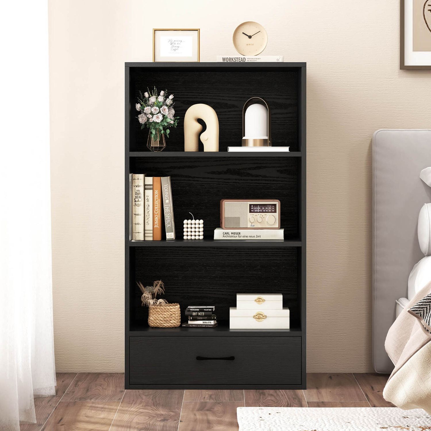 Costway 42 inches Tall 4-tier Storage Shelf Wood Bookcase with Drawer ...