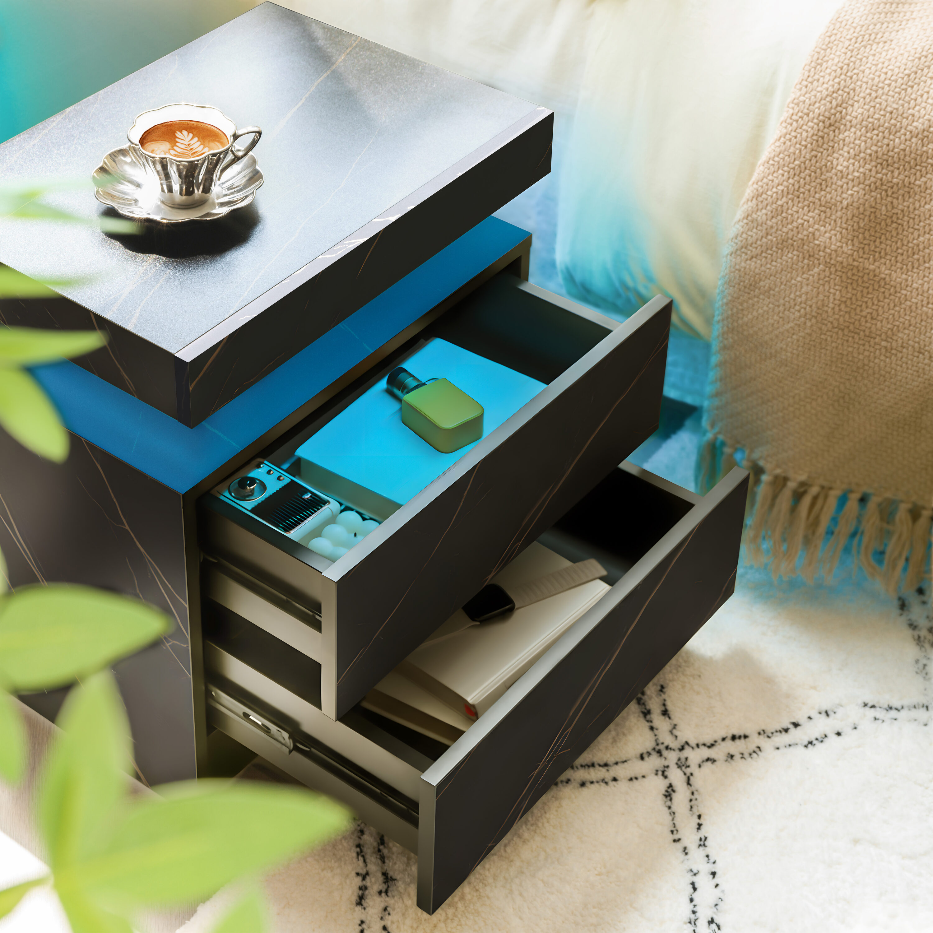 Misopily Modern LED Nightstand Black Gold End Table with 2 Drawers ...