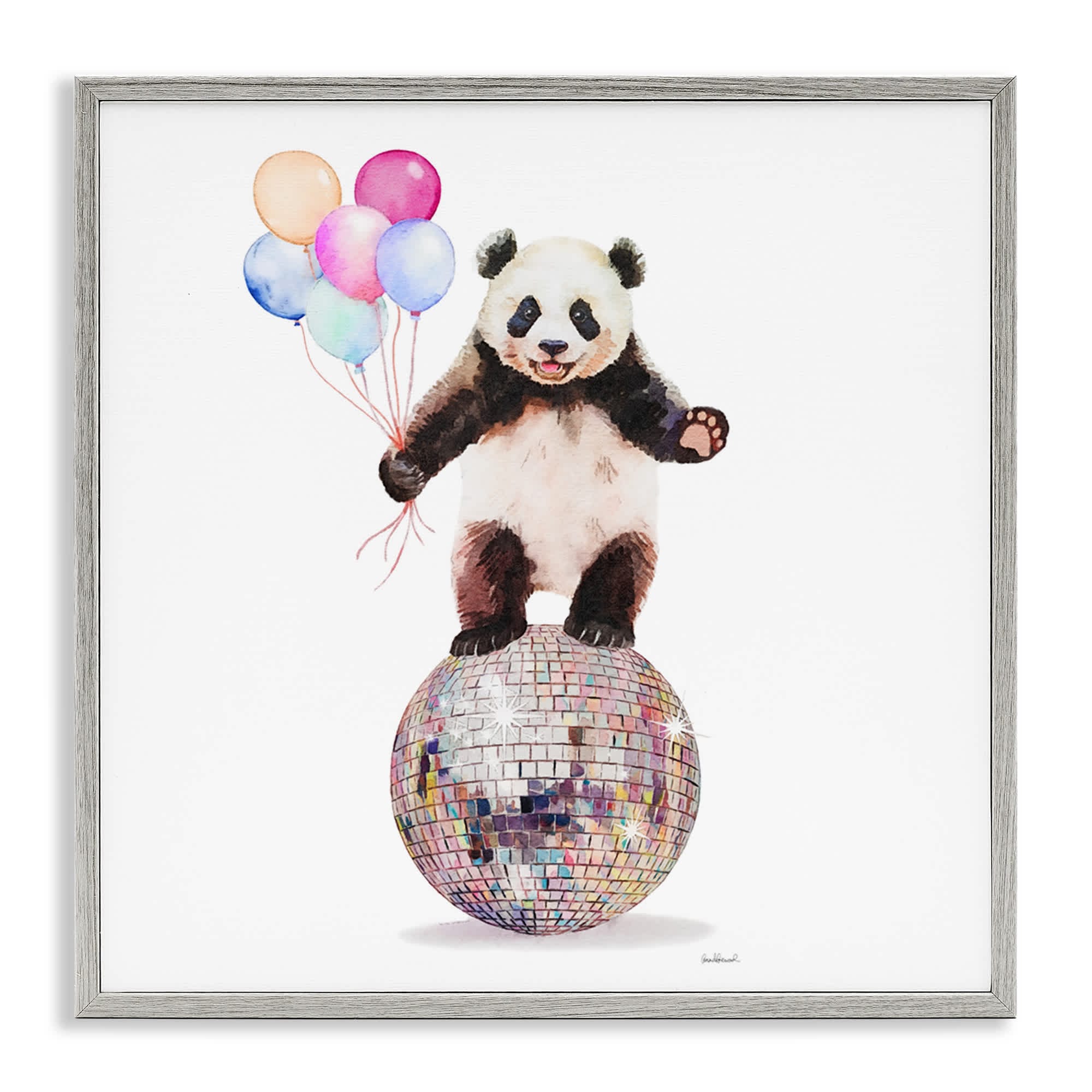 Stupell Industries Panda and Balloons Disco Gray Framed Giclee Art By ...