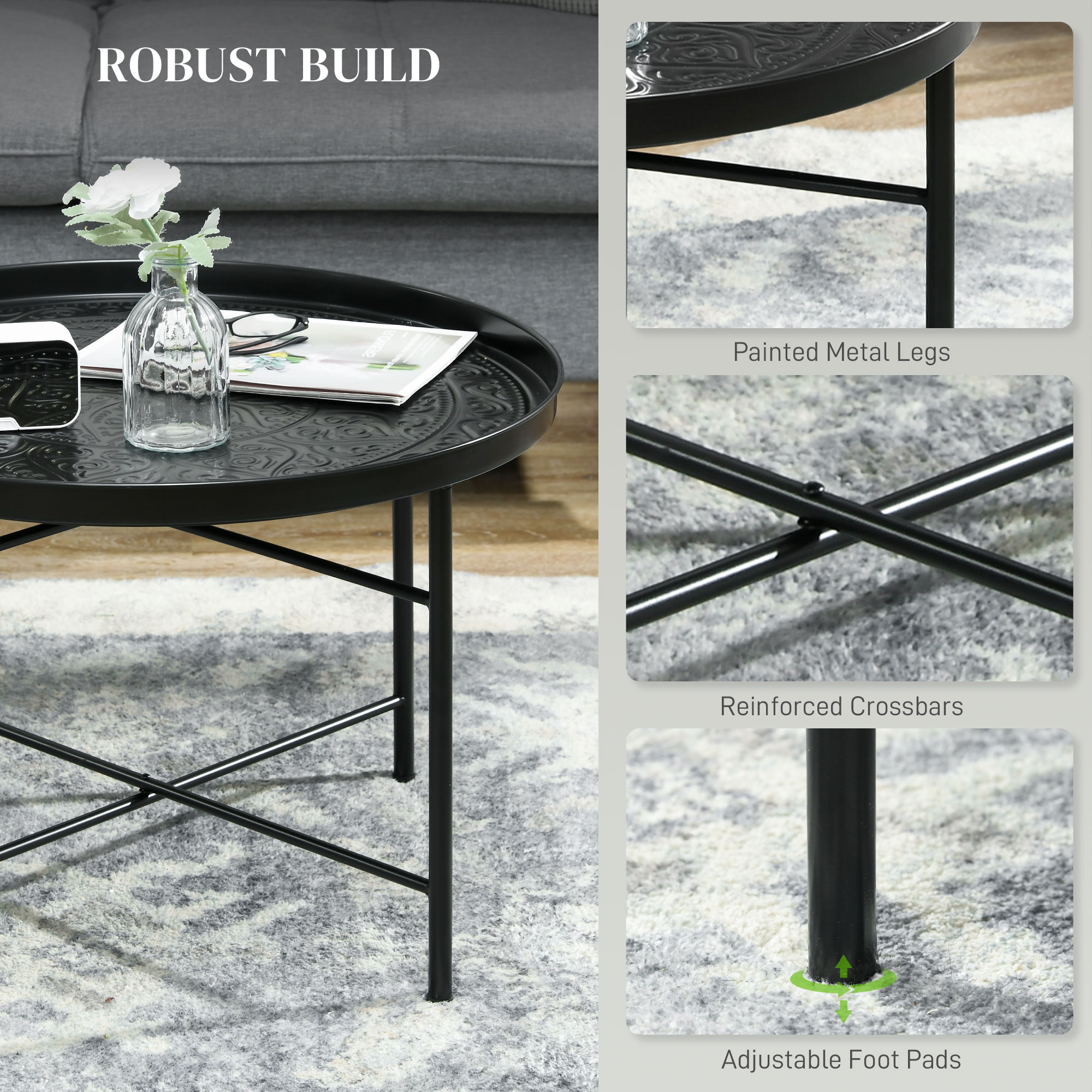 Tinyhomie 24Inch Round Coffee Table with Hammered Tray Top Vintage ...