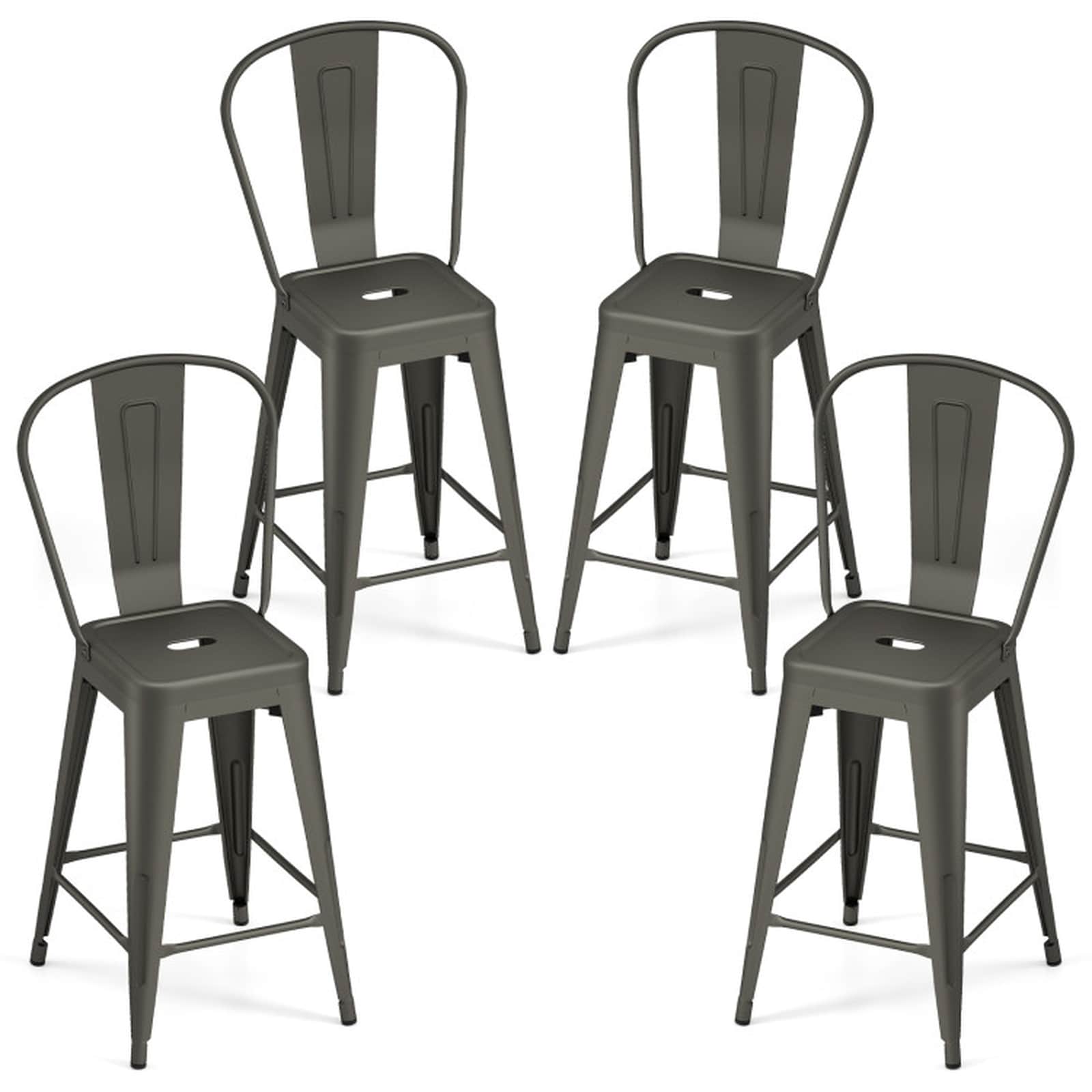 SUGIFT Set of 4 Metal Bar Stools with Backrests and Footrests-Gun Metal ...
