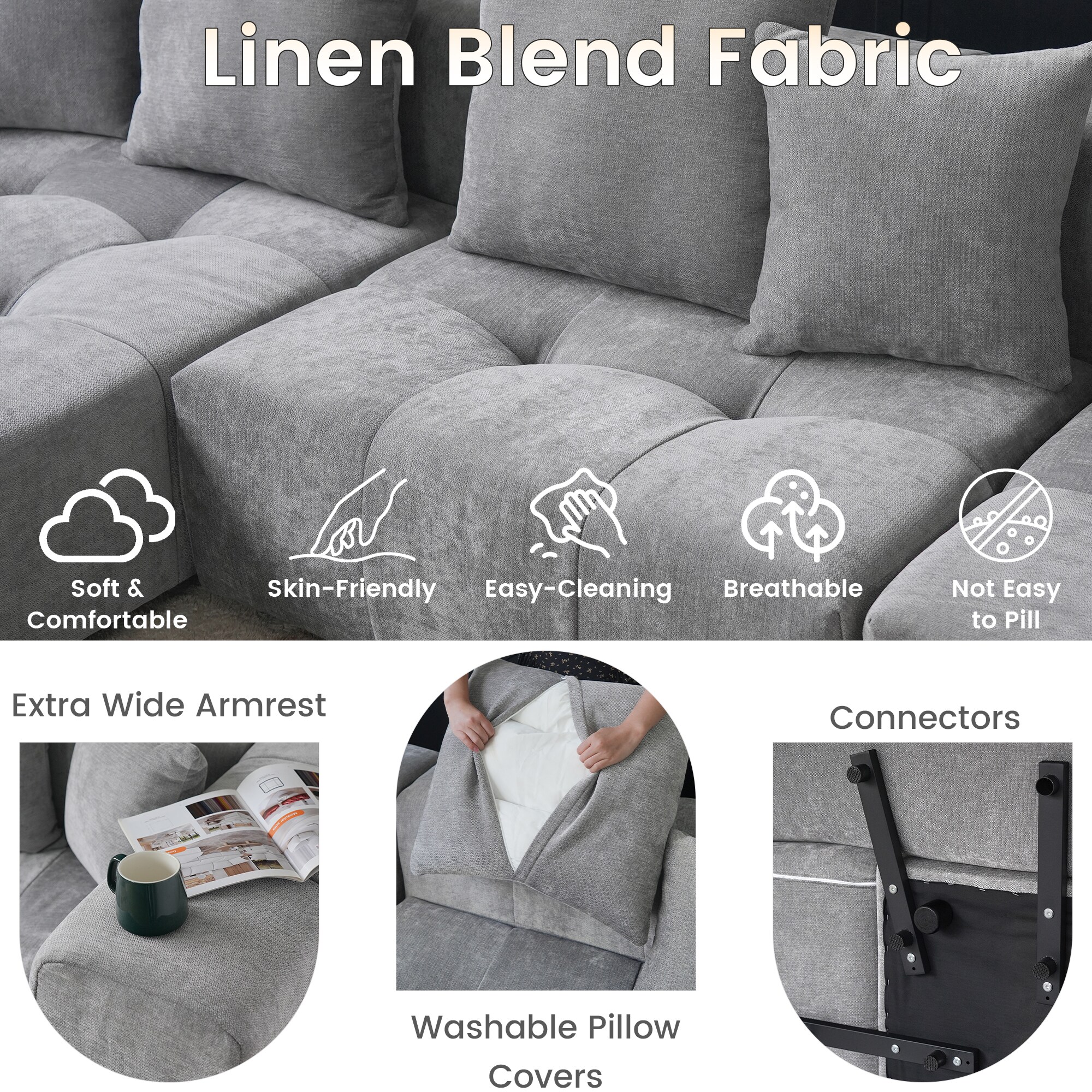 BuotiqHom 144-in W Casual Gray Linen 3-seater Sectional in the Couches ...