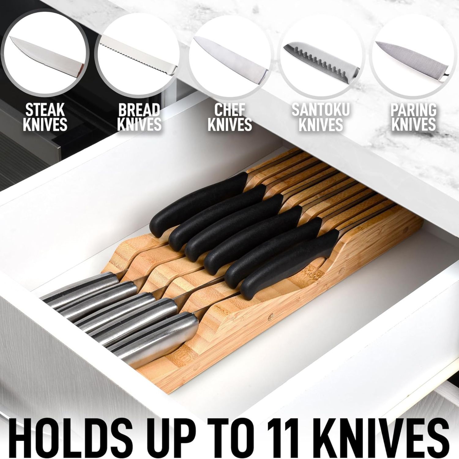 Zulay Kitchen Bamboo Knife Drawer Organizer Insert Holds Up To 11 ...