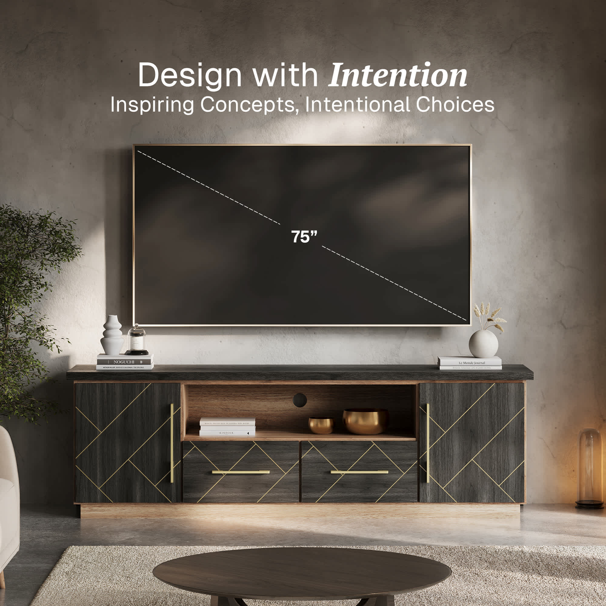Belleze 70 Inch Modern TV Stand with Gold Trim Elegant Entertainment ...