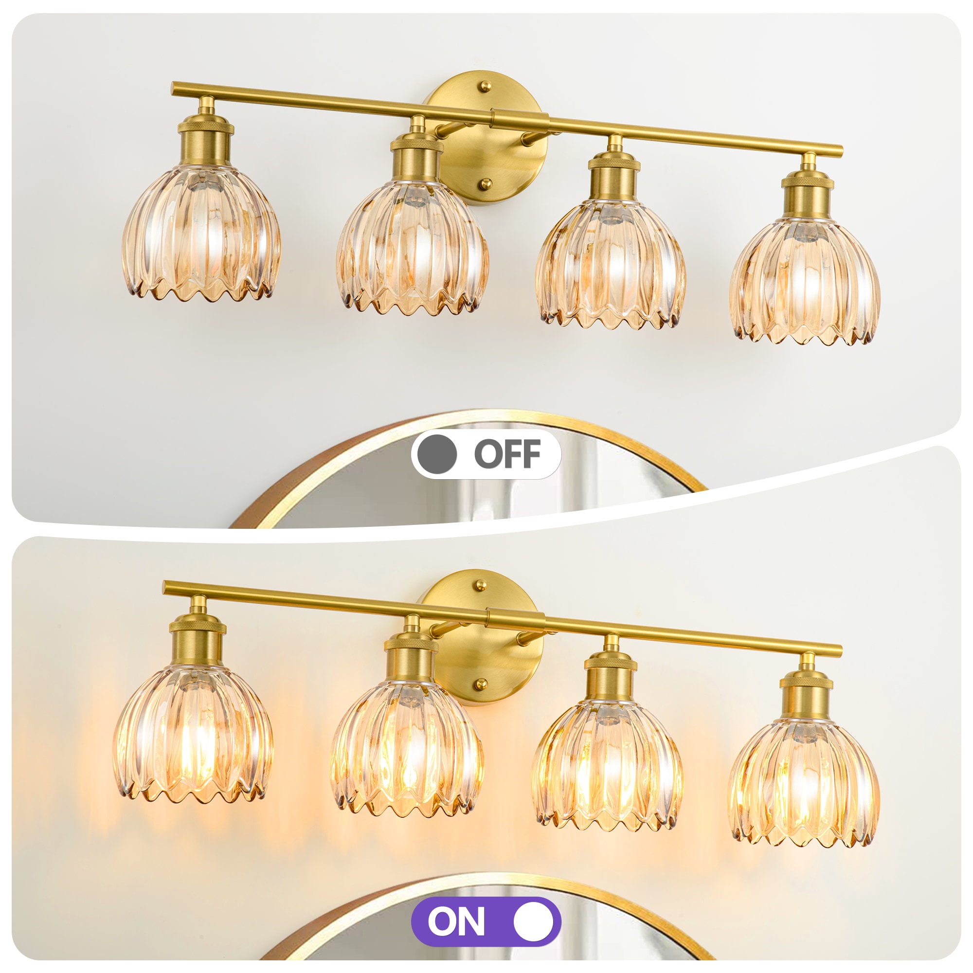DAKAFUL 26.38 in. 4-Light Modern Gold Bathroom Vanity Light with Amber ...