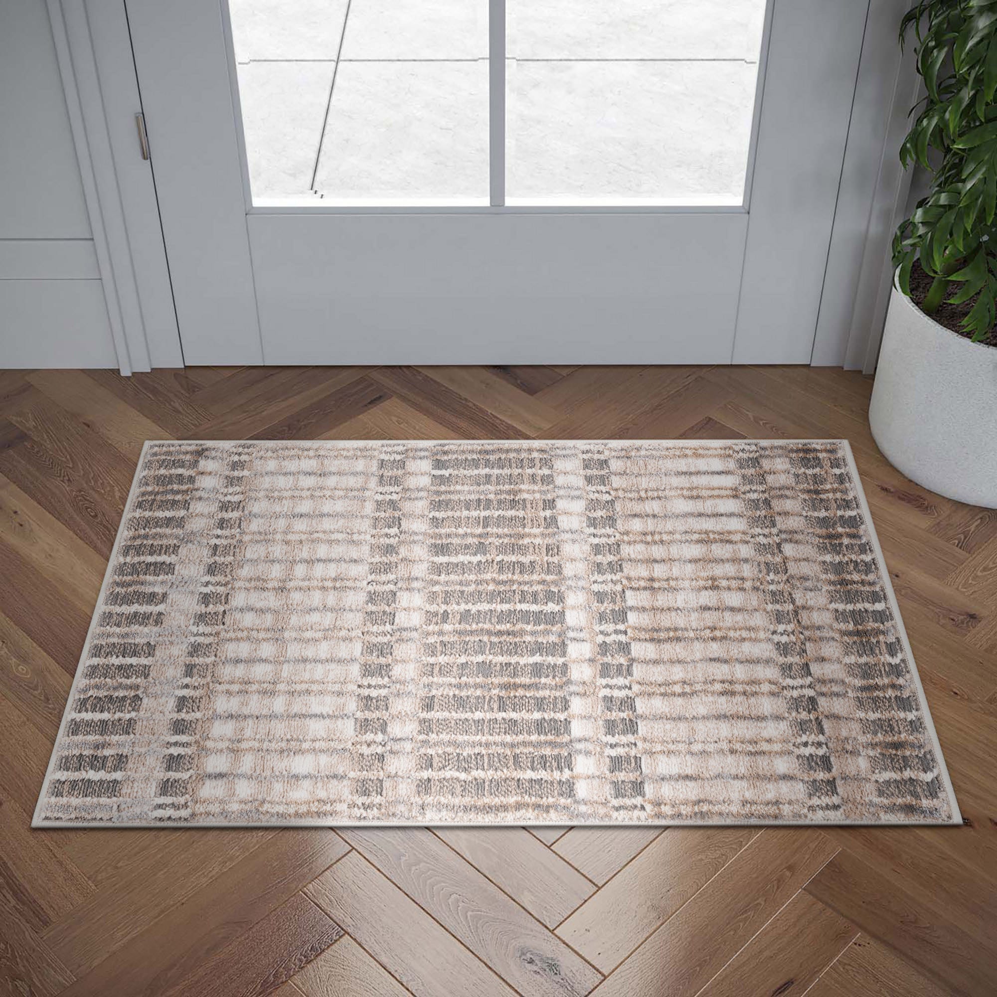Tayse 2 x 3 (ft) Polypropylene Beige Rectangular Indoor Abstract ...
